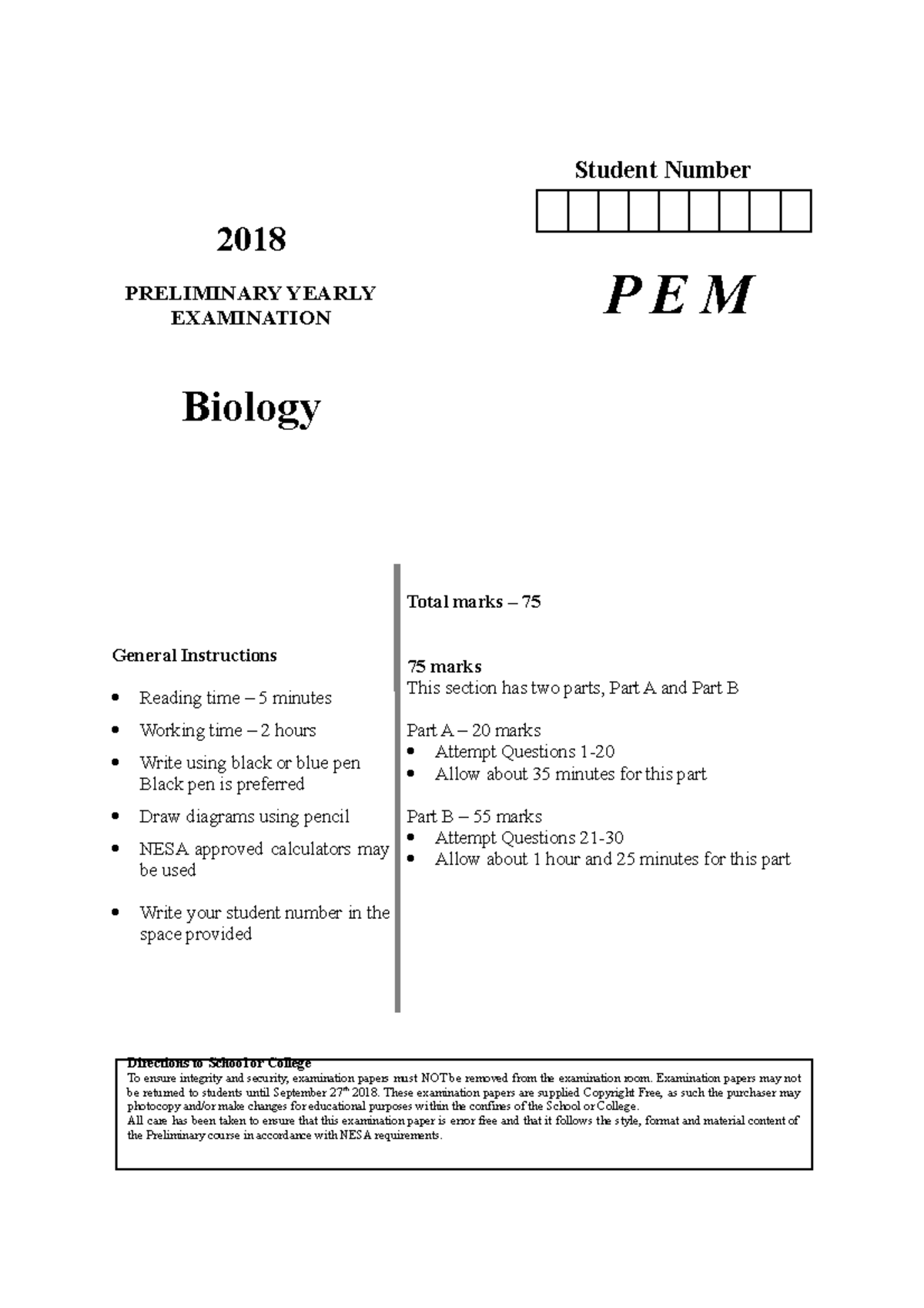 PEM 2018 Biology Preliminary Examination paper - 2018 PRELIMINARY ...