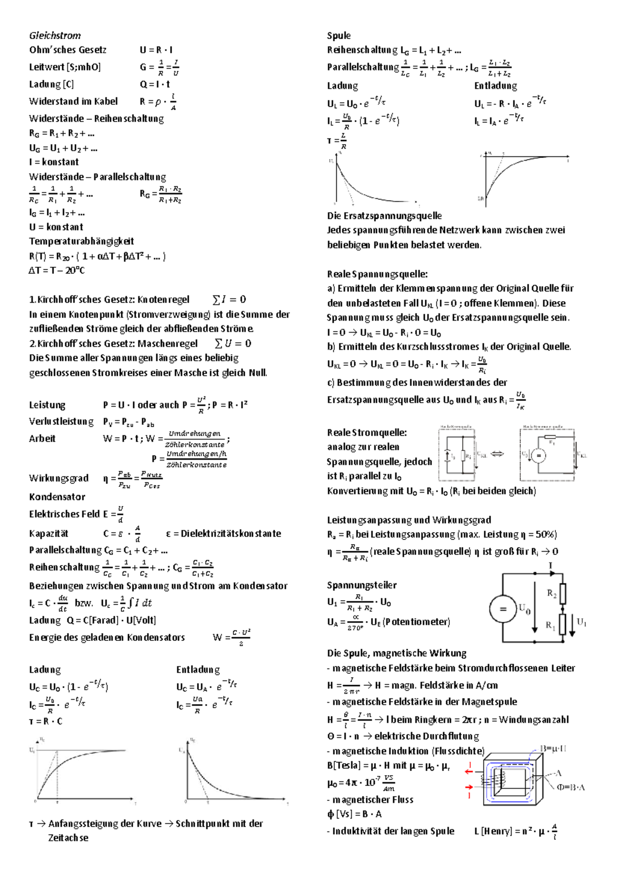 Formelsammlung - gut - Elektrotechnik - TH Nürnberg - Studocu