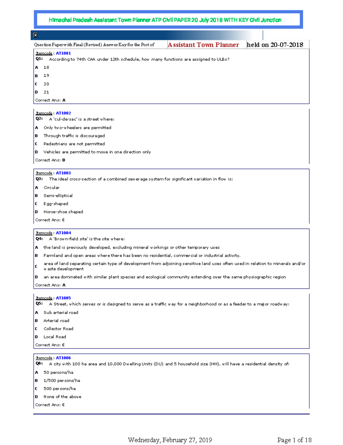Himachal Pradesh Assistant Town Planner ATP Civil Paper 20 July ...
