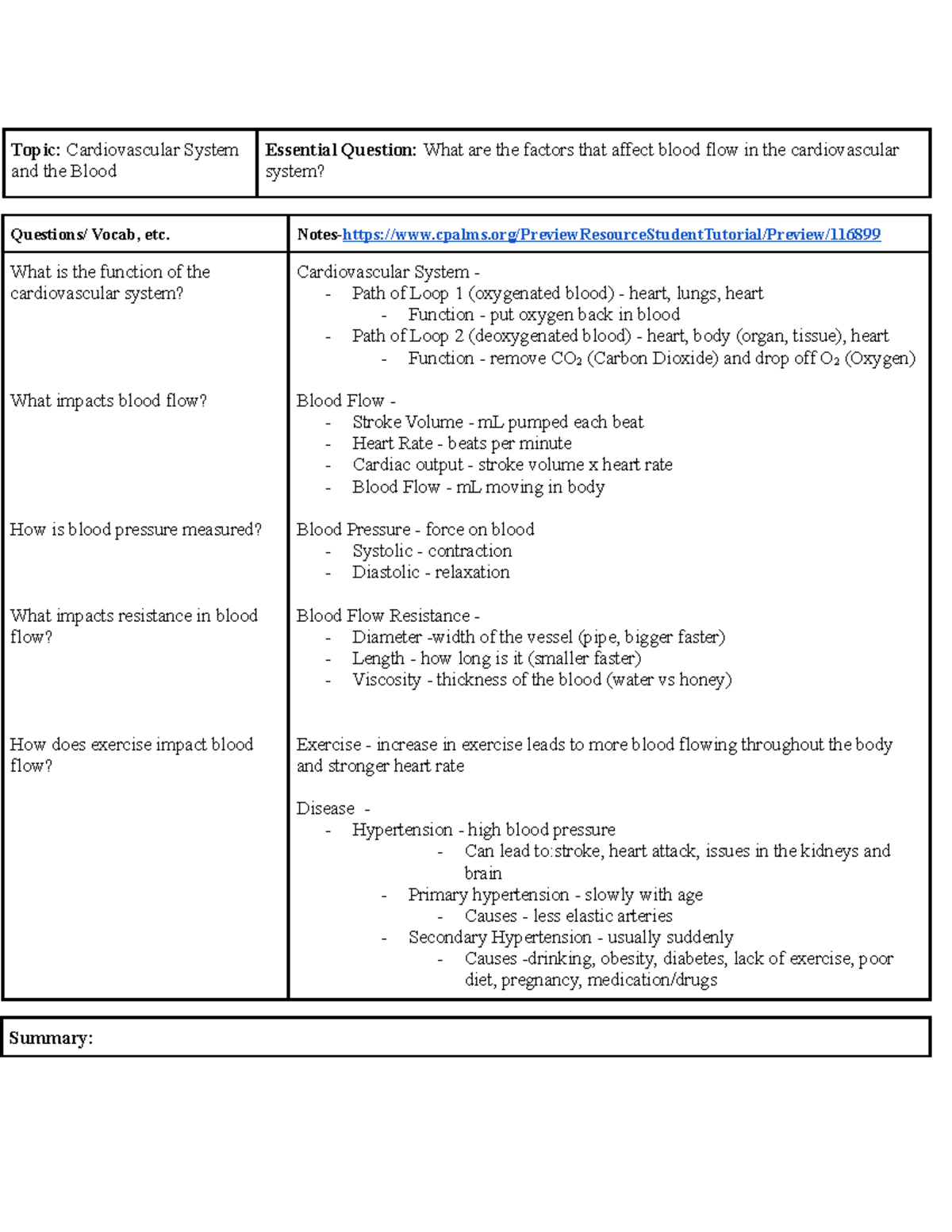 Cardiovascular System and the Blood Cornell Notes - Topic ...