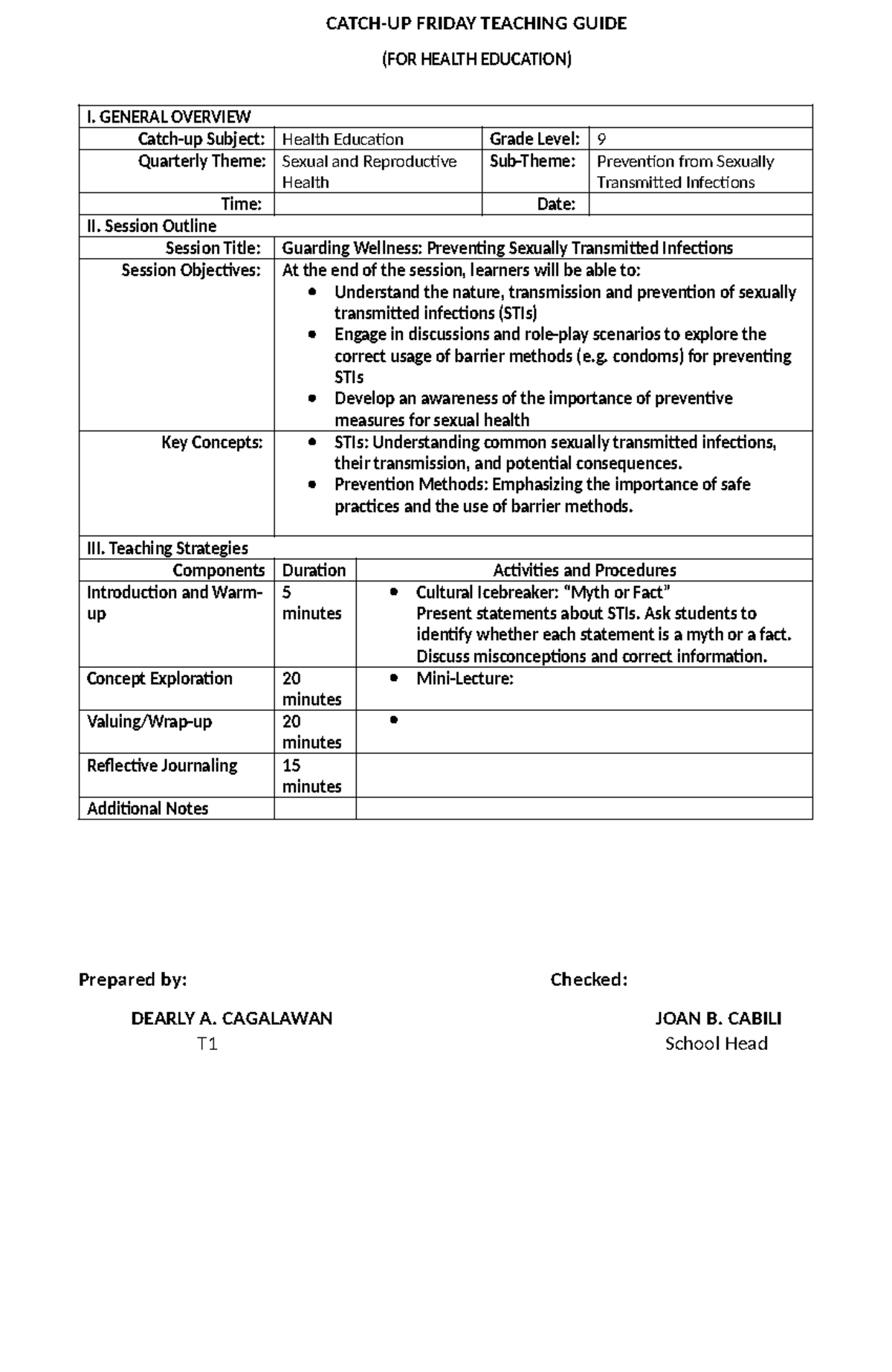 LP. Health EDUC 2WEEK - catch up fridays - I. GENERAL OVERVIEW Catch-up ...