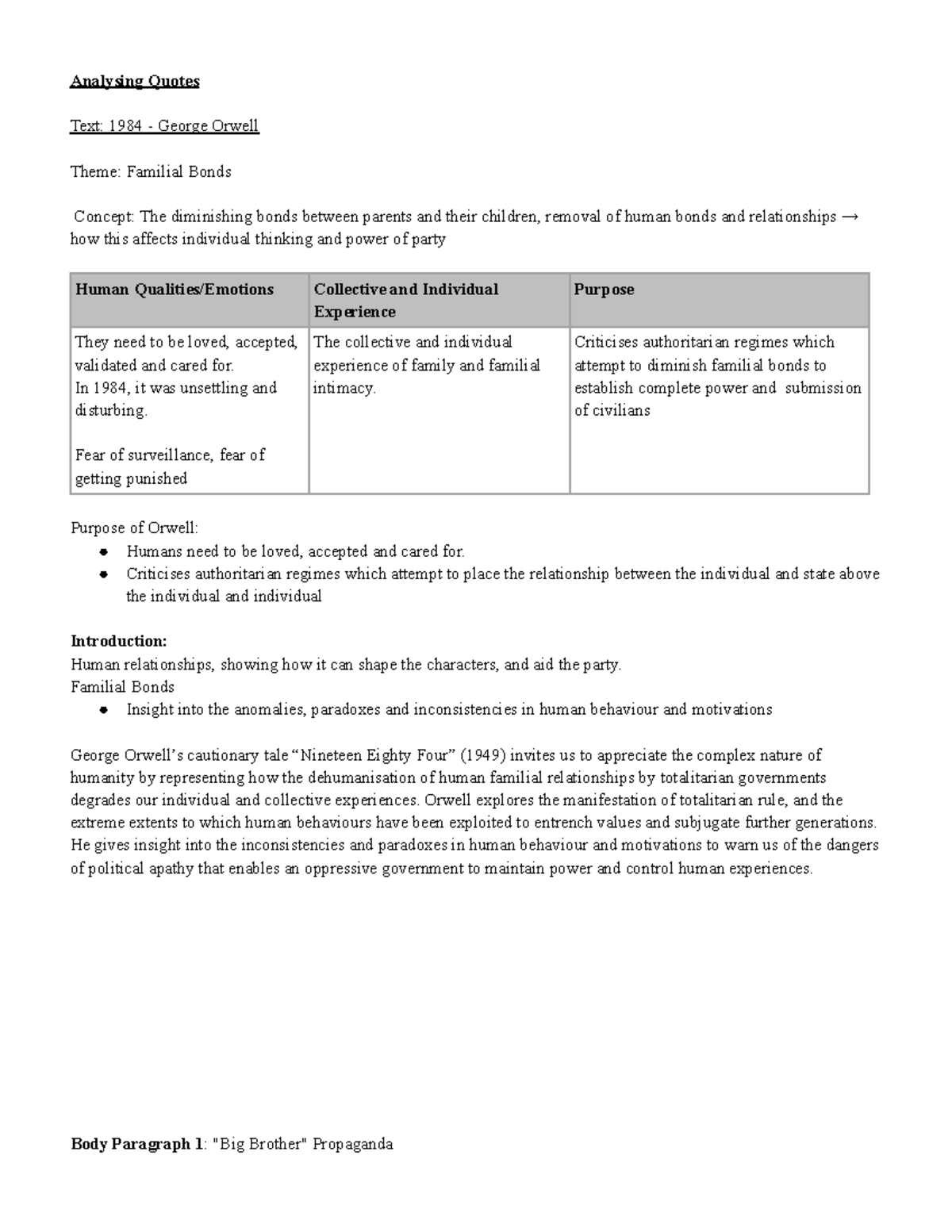 Common Module Texts and Human Experiences - Analysing Quotes Text: 1984 ...