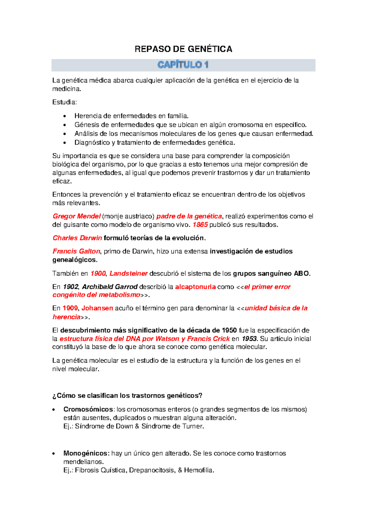 Repaso/resumen de Genética - REPASO DE GENÉTICA La genética médica ...