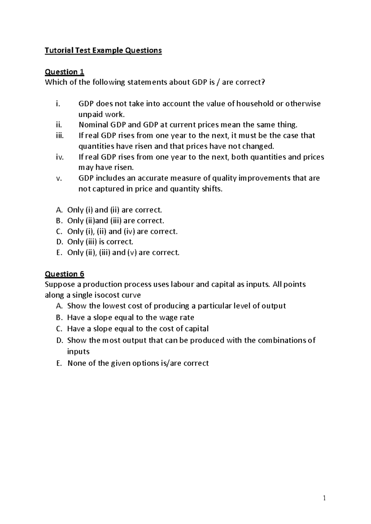 Tut Test 1 example questions - Tutorial Test Example Questions Question ...