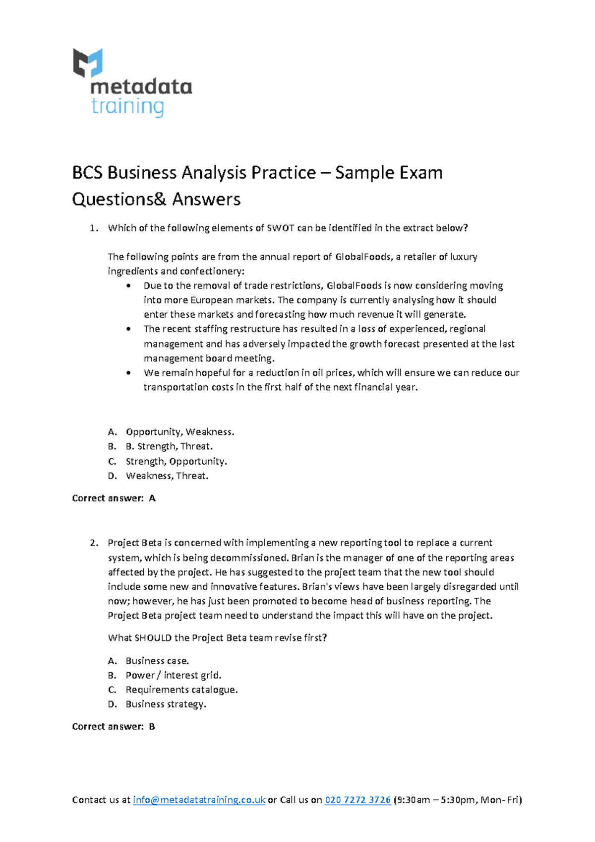 BCS Business Analysis Practice Mini Sample Exam Questions and Answers ...