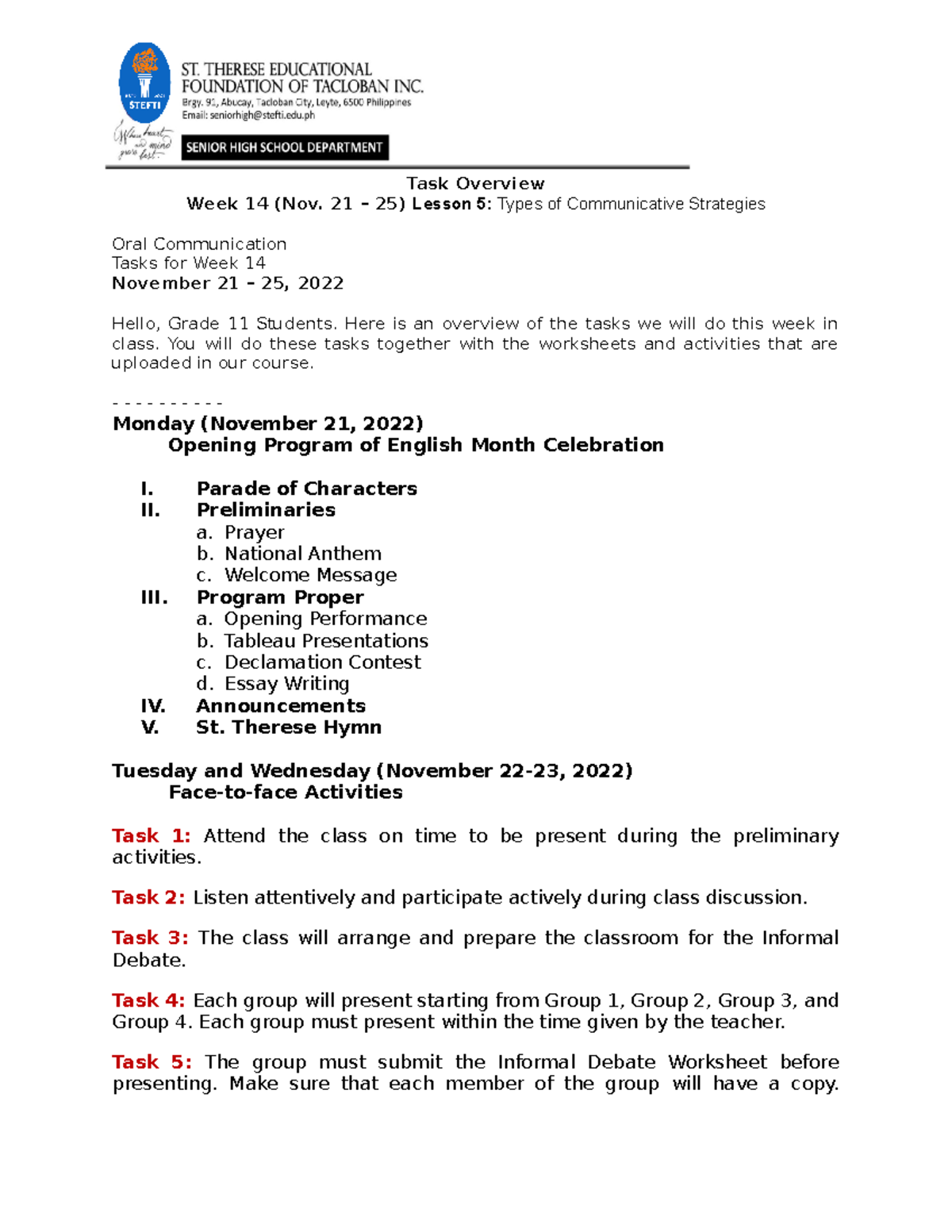 Week 14 - Task Overview - Task Overview Week 14 (Nov. 21 – 25) Lesson 5 ...