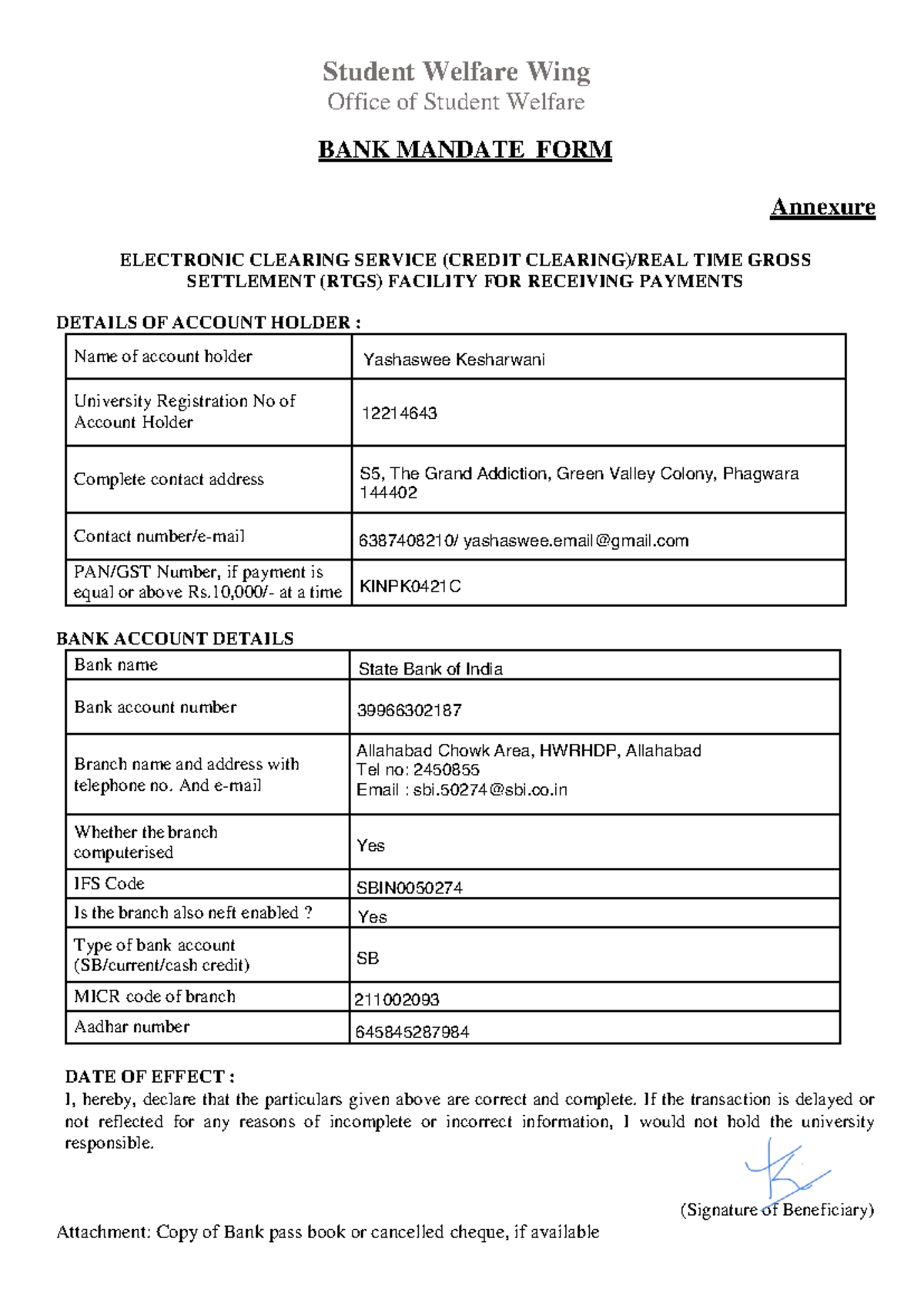 Mandate - dddddd - Student Welfare Wing Office of Student Welfare BANK ...