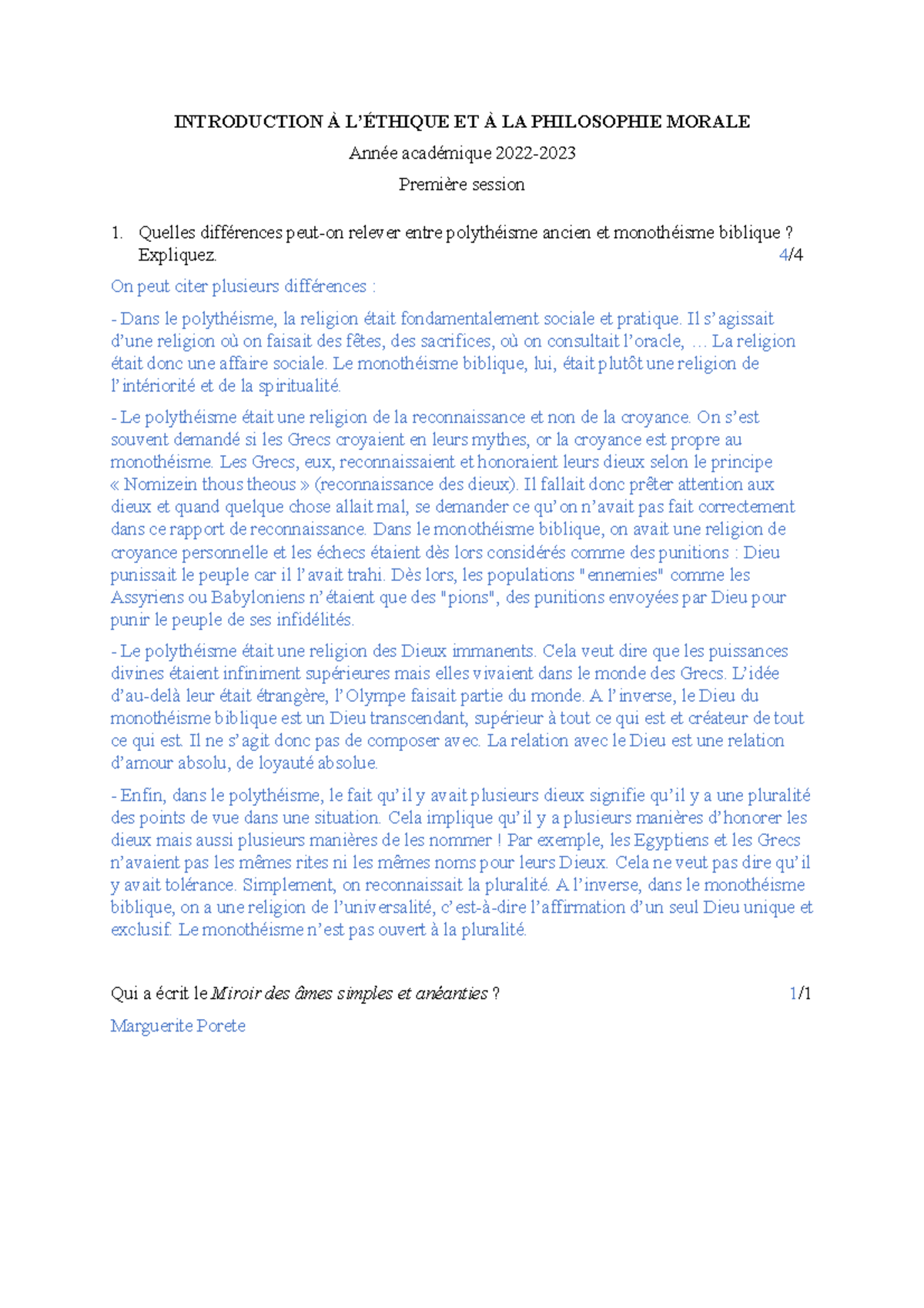 Examen avec réponses (mai 2023) - INTRODUCTION À L’ÉTHIQUE ET À LA ...