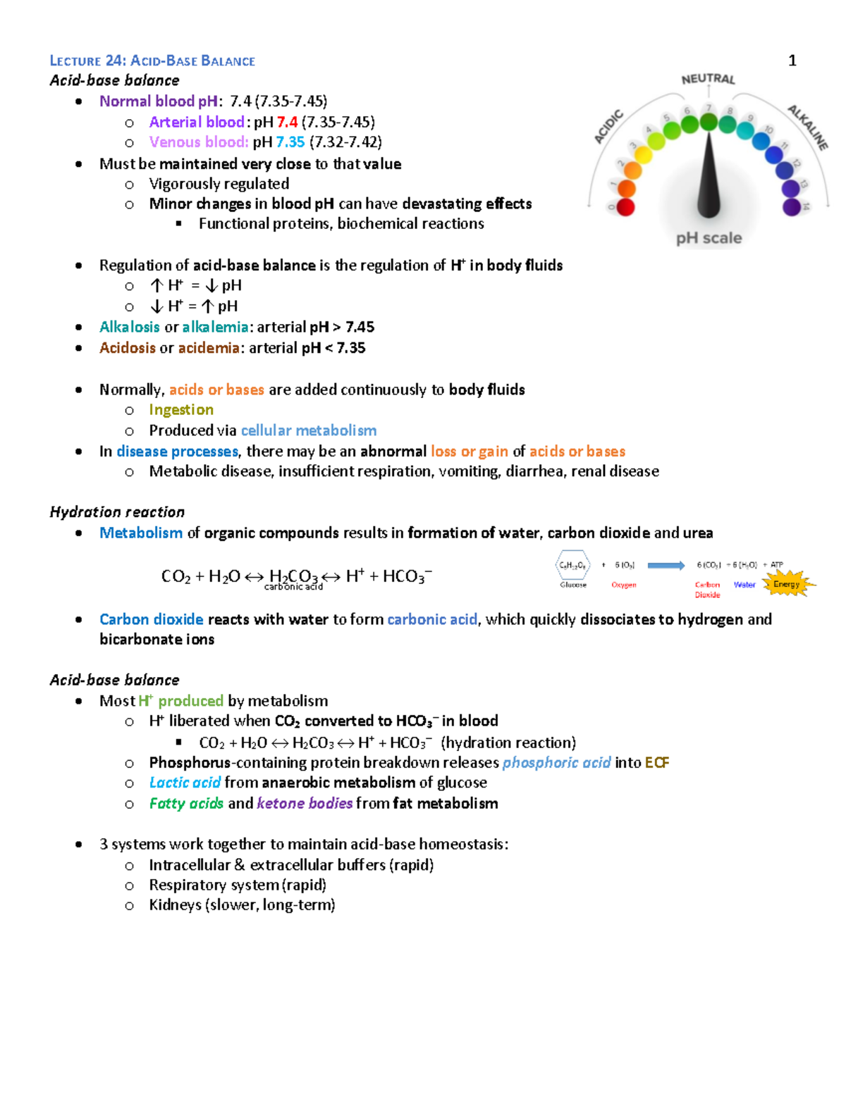 Lecture 24- ACID-BASE Balance - Acid-base balance - Normal blood pH: 7 ...
