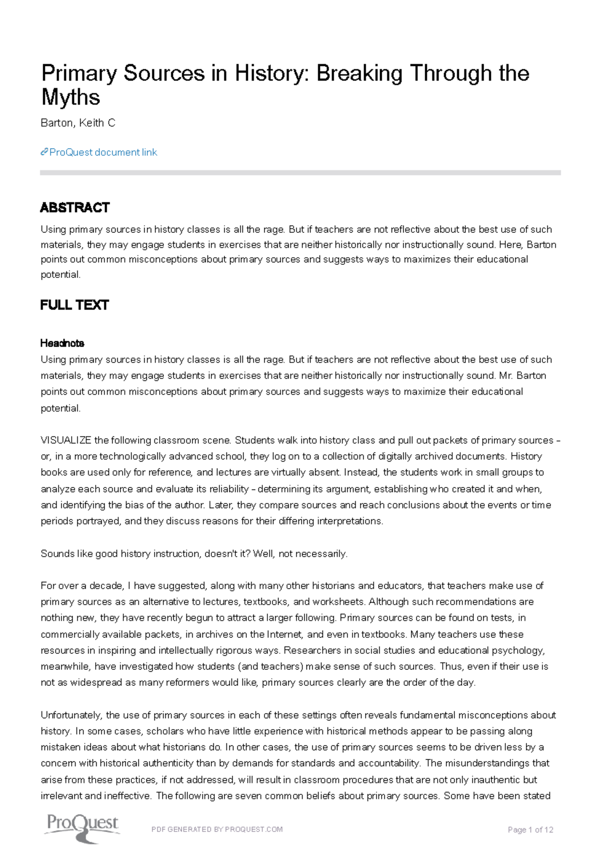 Barton Reading - Primary Sources in History: Breaking Through the Myths Barton, Keith C ProQuest ...