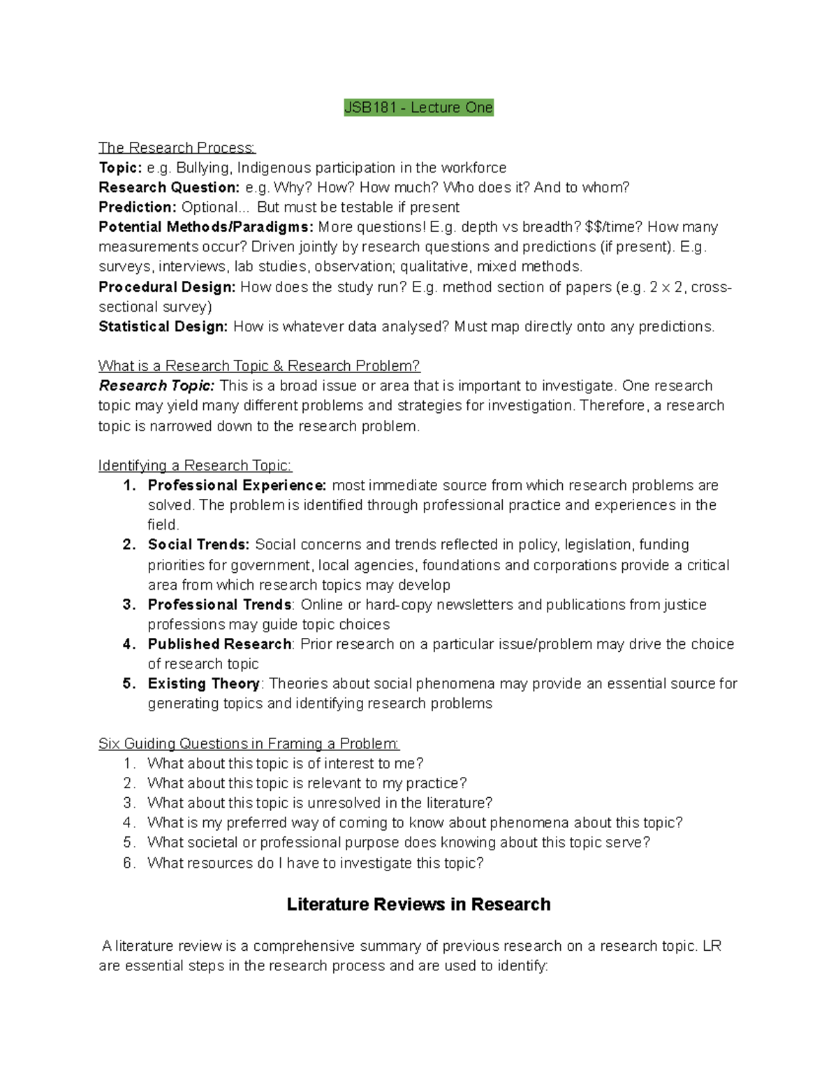 Week 1 - Research Processes - JSB181 - Lecture One The Research Process ...