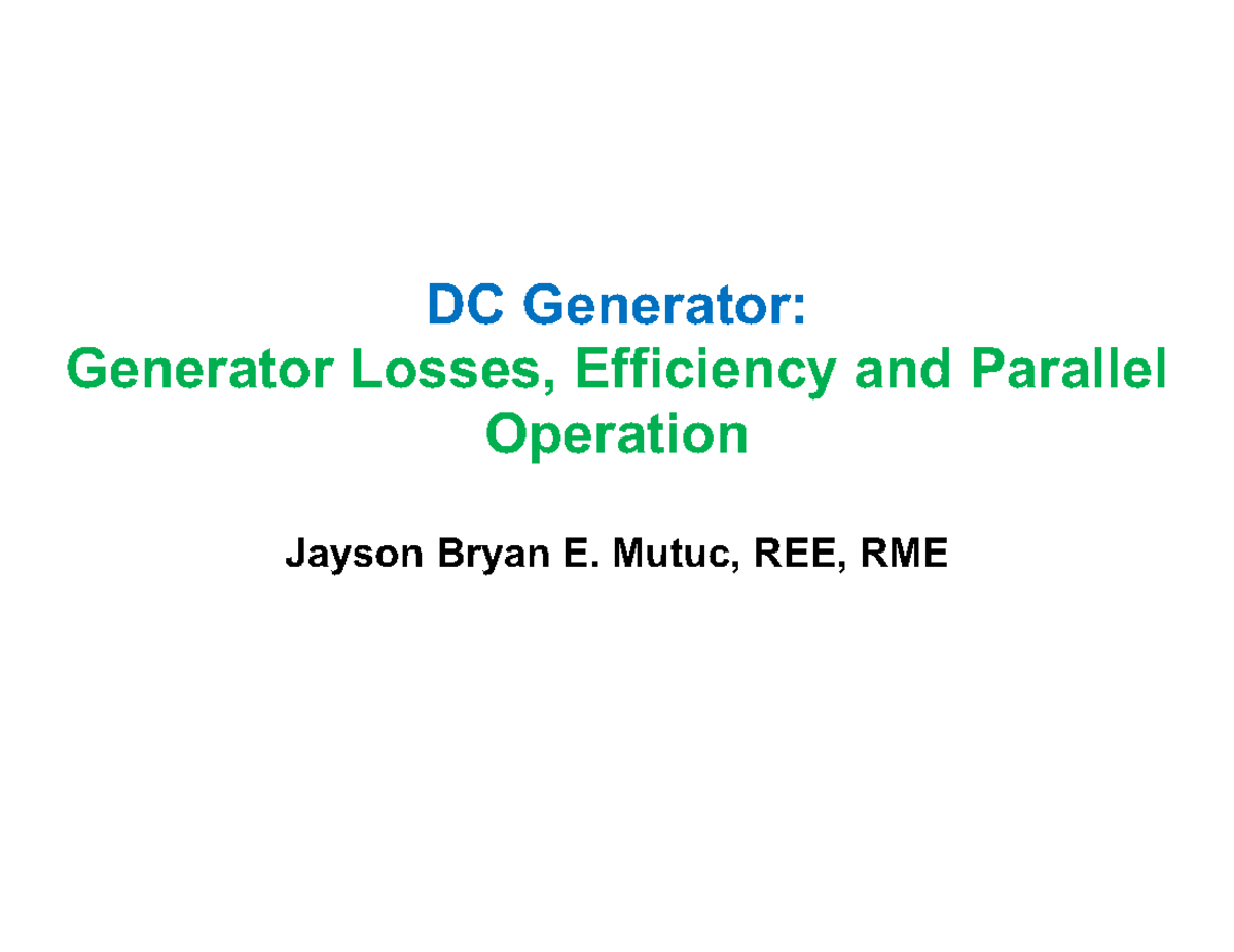 4. Generator Efficiency and Parallel Operation - DC Generator: Generator Losses, Efficiency and ...