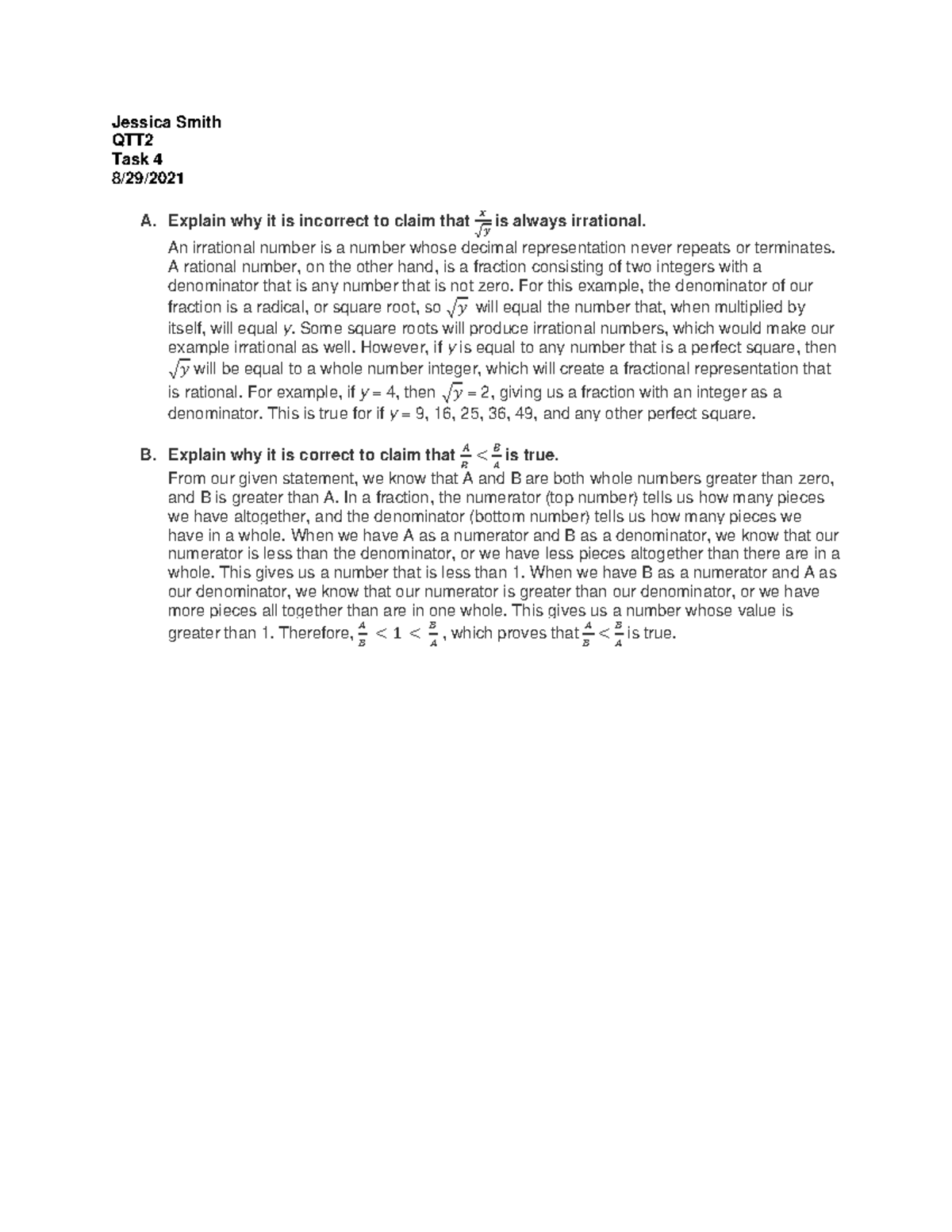 Qtt2 Finite Mathematics Task 4 Jessica Smith Qtt Task 4 829 A Explain Why It Is Incorrect