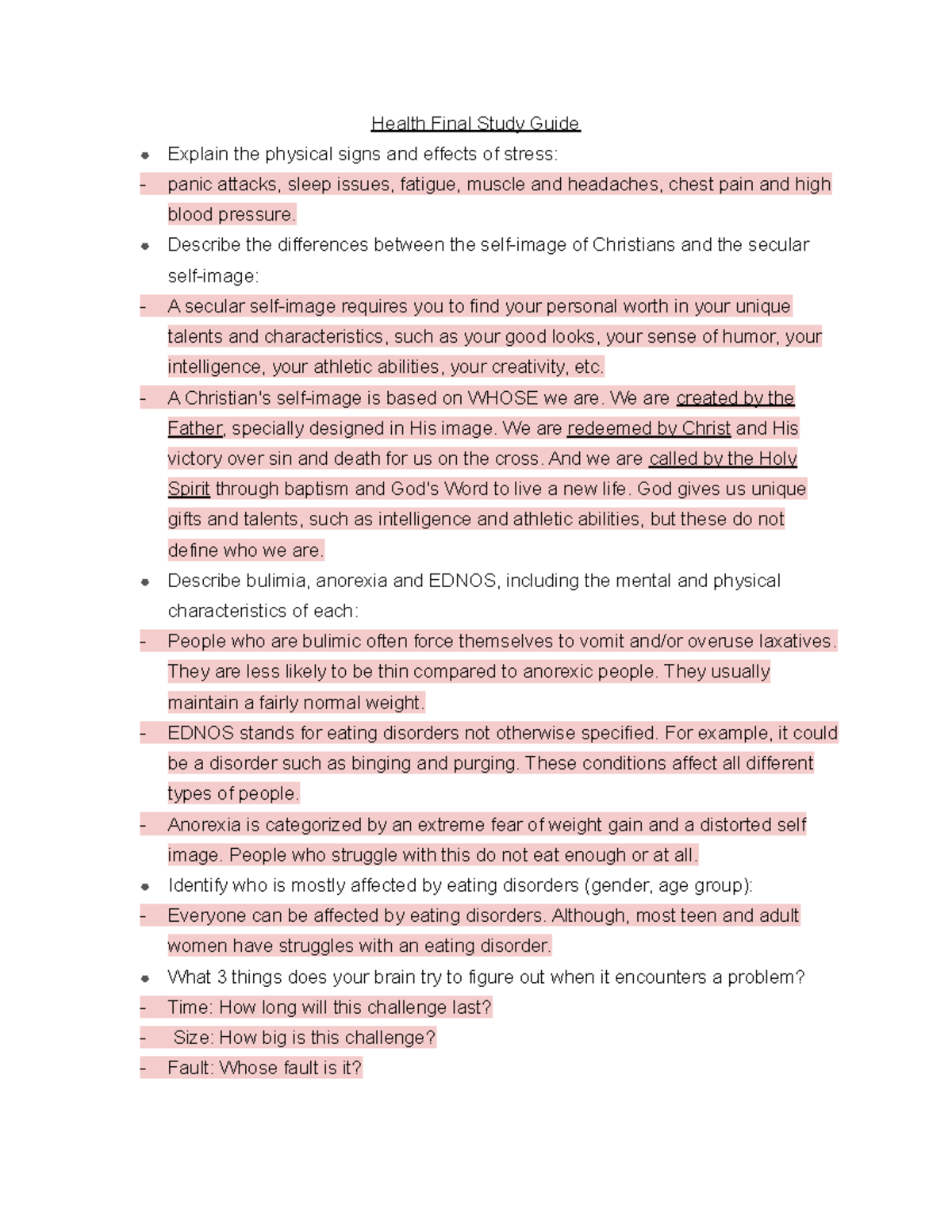 Final study guide - Health Final Study Guide Explain the physical signs ...