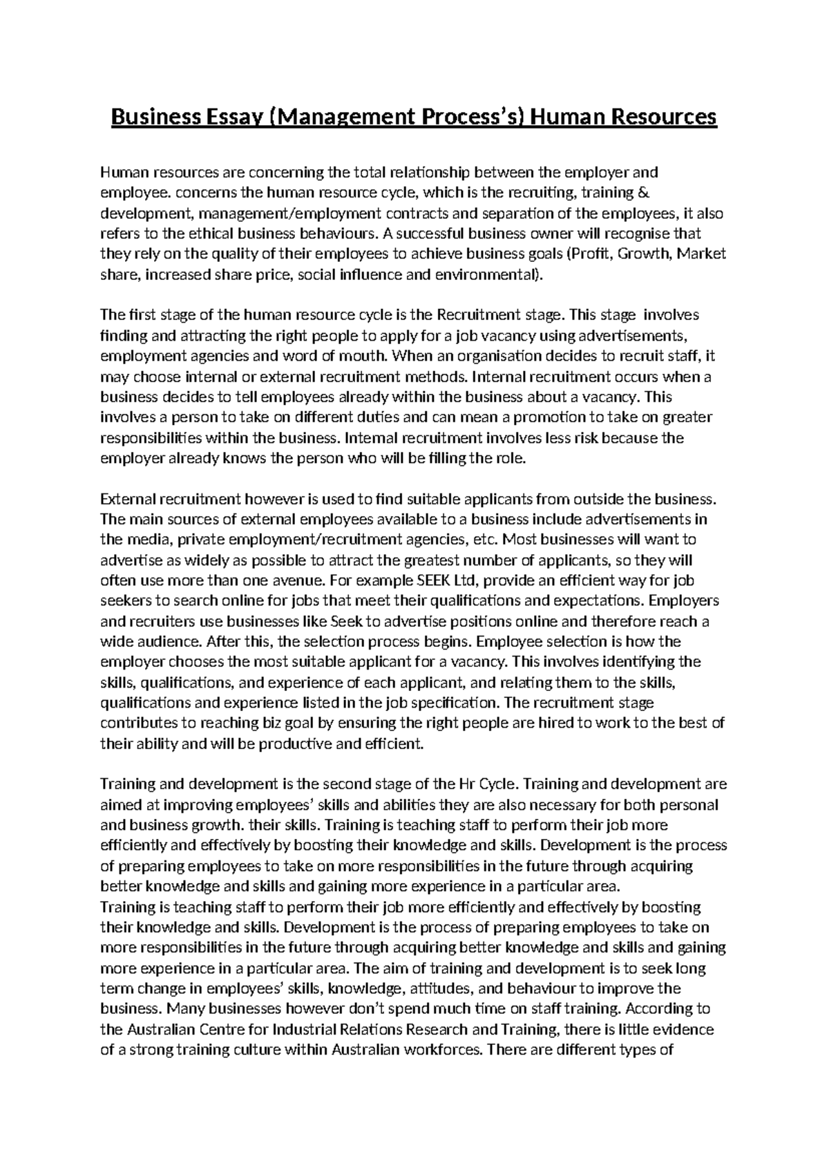 Business Essay Term 2 - Business Essay (Management Process’s) Human ...