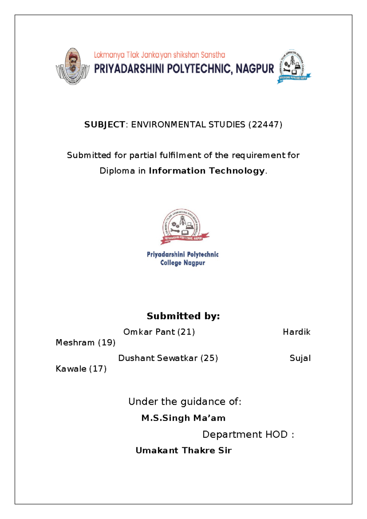EST Microproject Final - ####### SUBJECT: ENVIRONMENTAL STUDIES (22447) ####### Submitted for ...