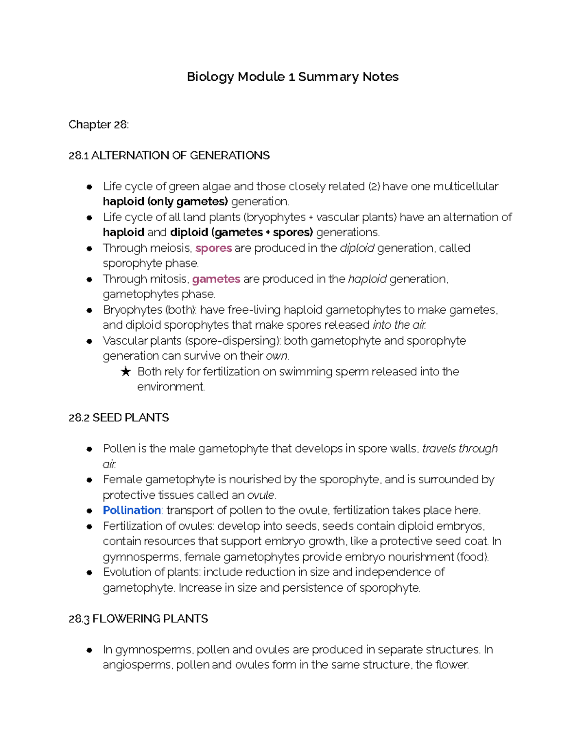 Biology Module 1 Notes-2 - Biology Module 1 Summary Notes Chapter 28: ...