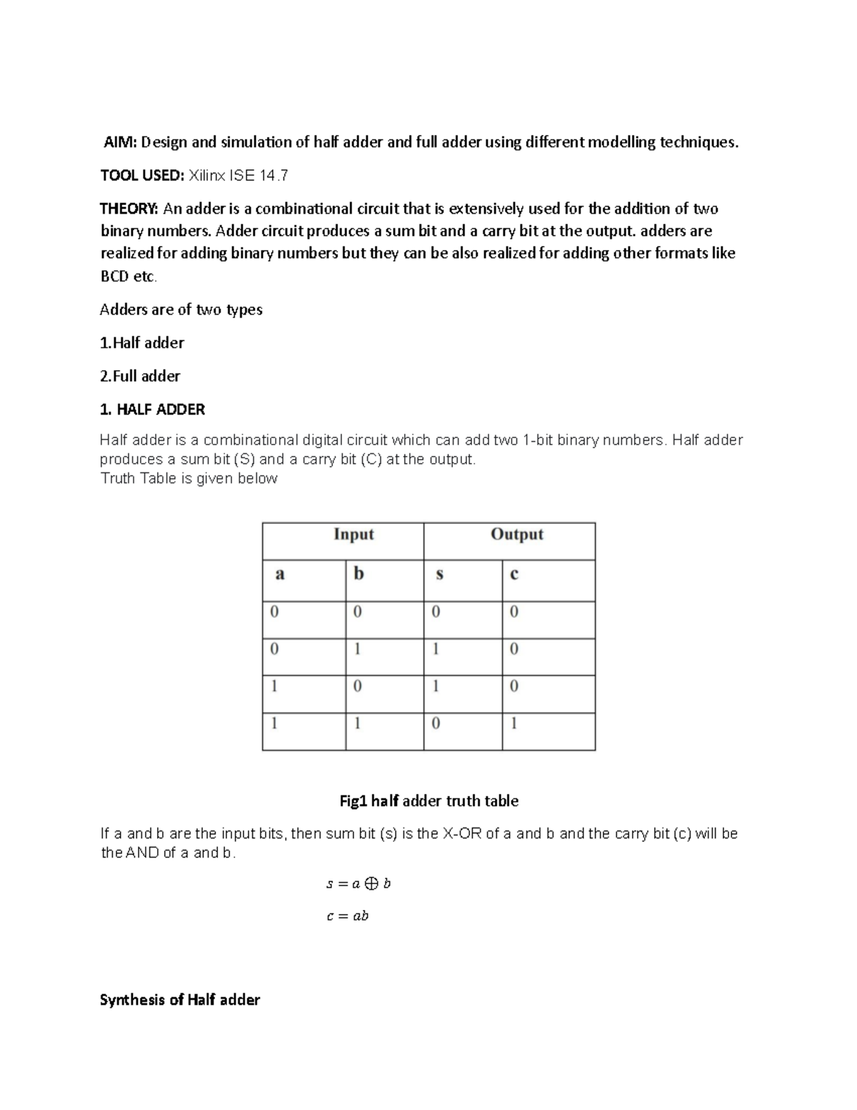 Full Adder and Half Adder Verilod code - AIM: Design and simulation of ...