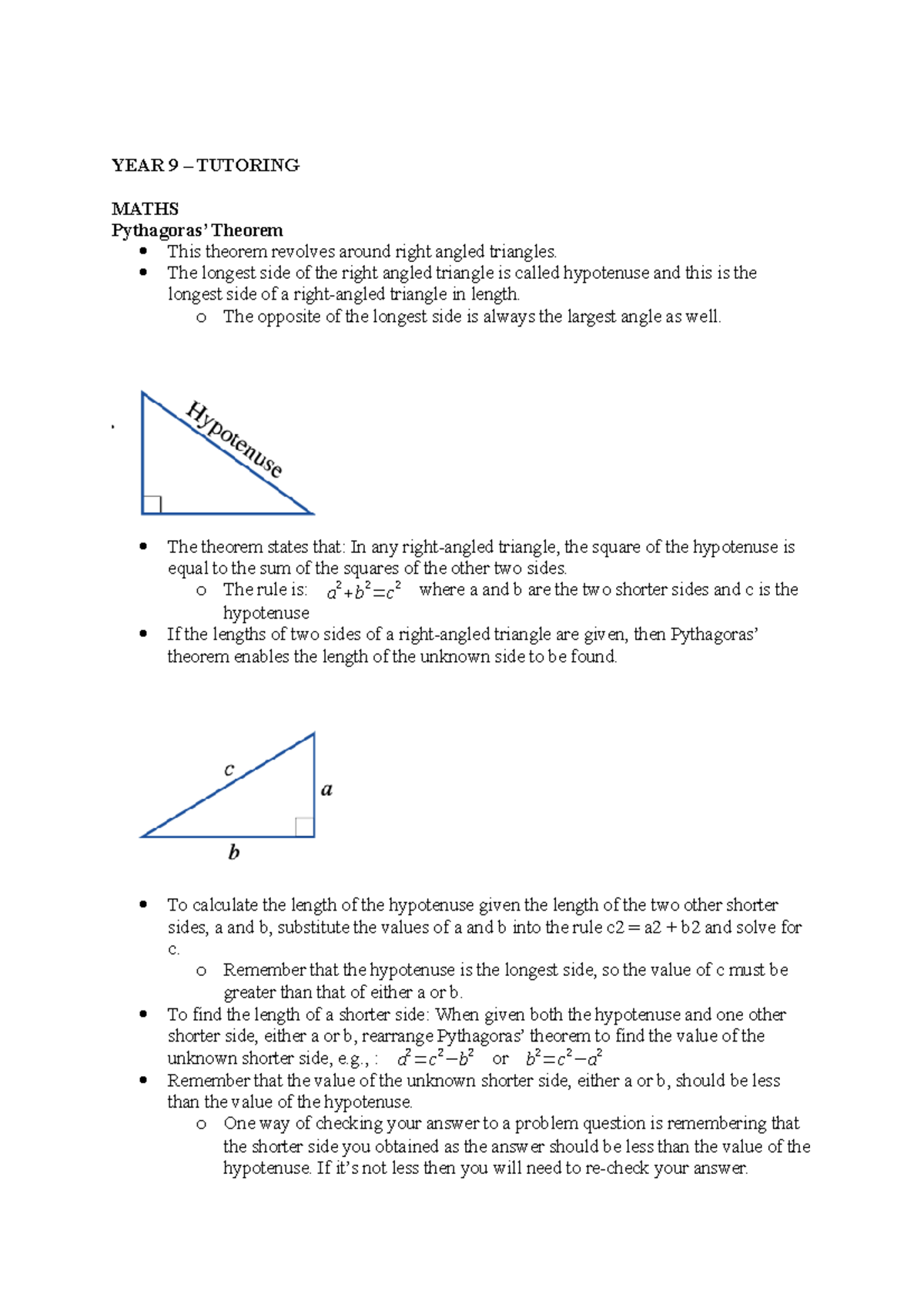 linear equations 2 - YEAR 9 – TUTORING MATHS Pythagoras’ Theorem This ...