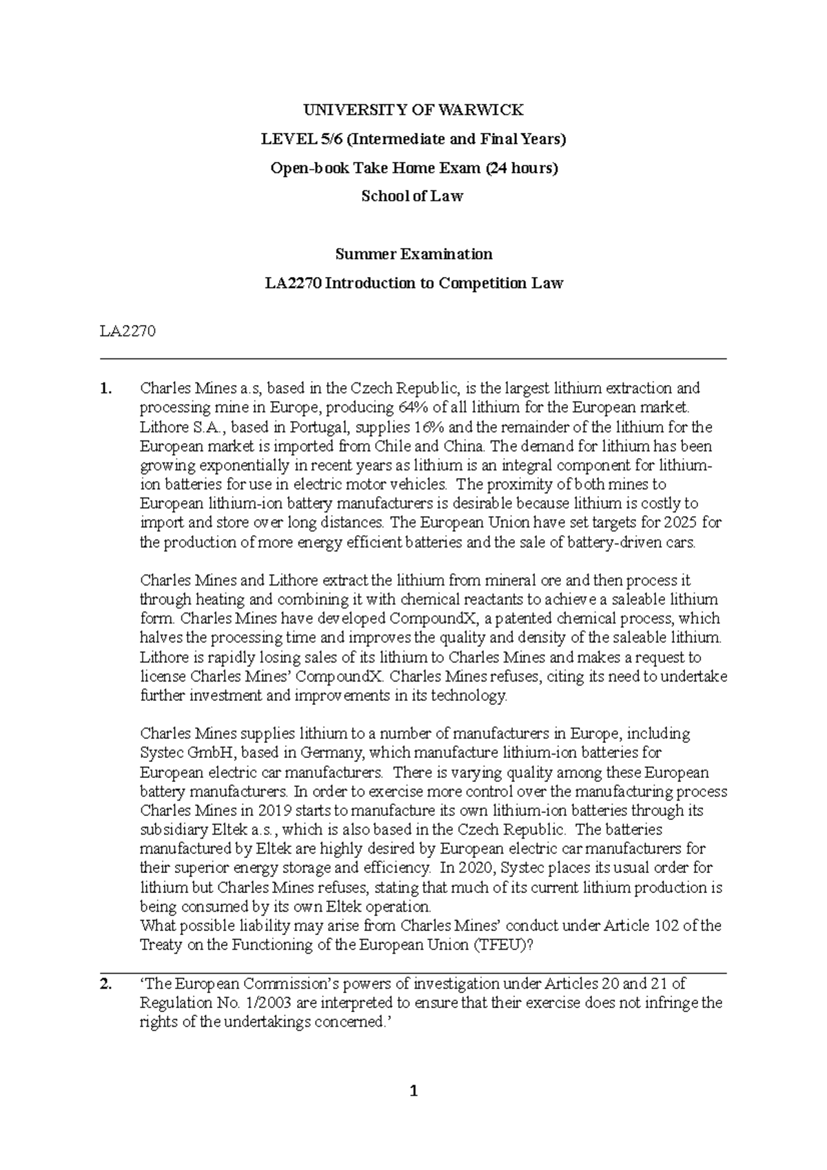 Summer 2021 Competition Law exam paper - UNIVERSITY OF WARWICK LEVEL 5/ ...
