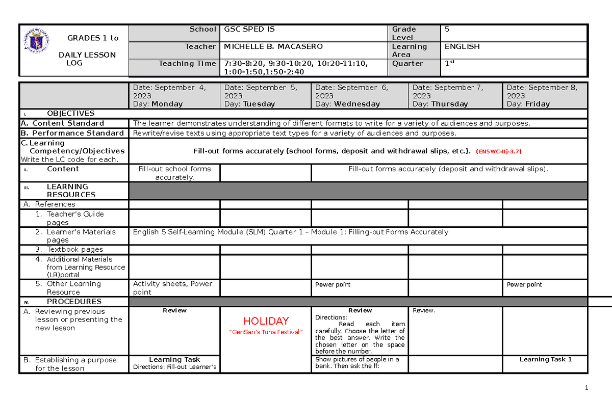 Week 2 - DLL - GRADES 1 to 12 DAILY LESSON LOG School GSC SPED IS Grade ...