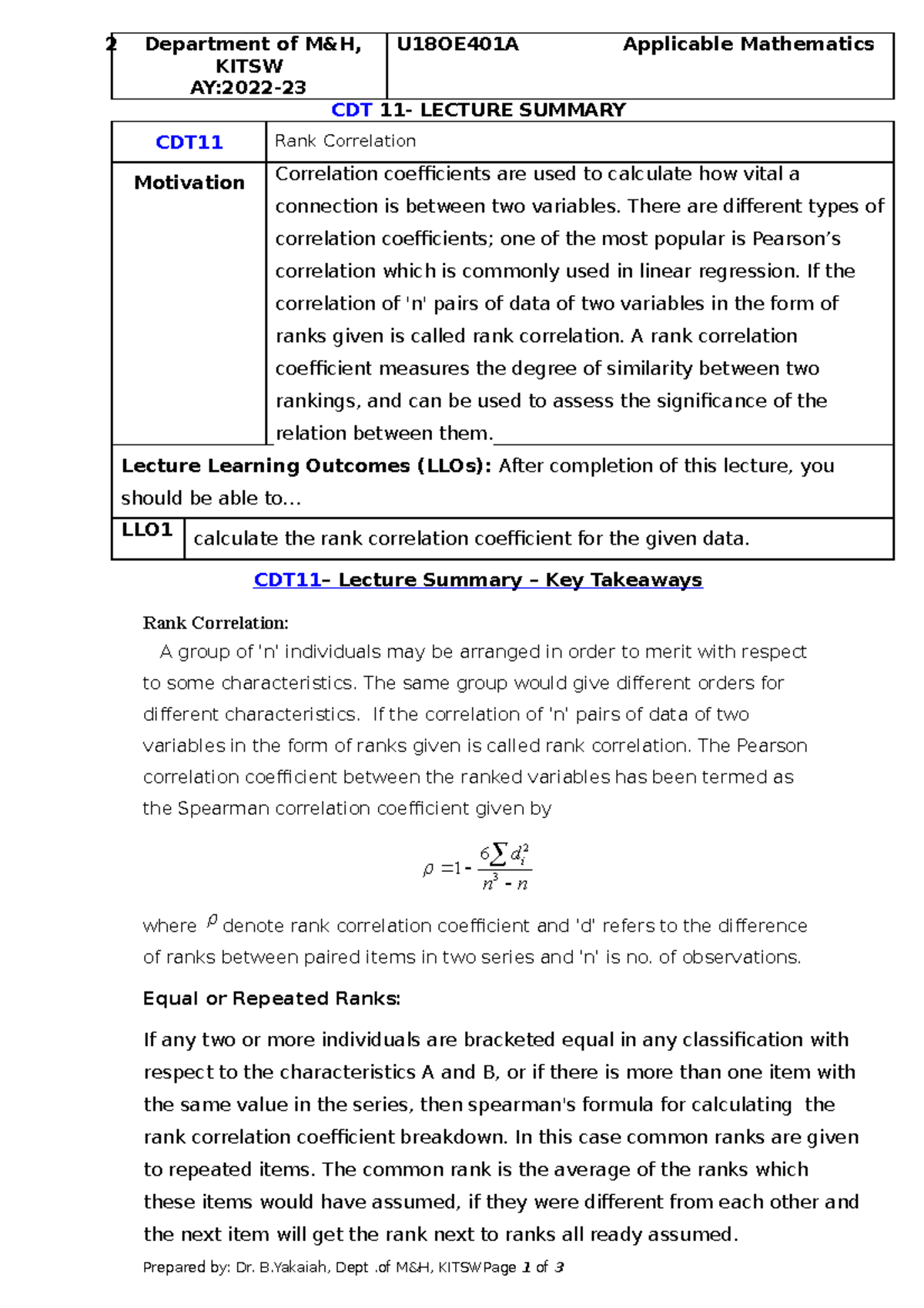 CDT11-Rank Correlation-1 - 2 Department of M&H, KITSW AY:2022 ...