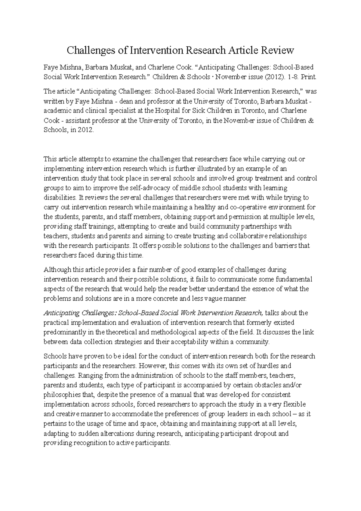 Challenges of Intervention Research Article Review D - Challenges of ...