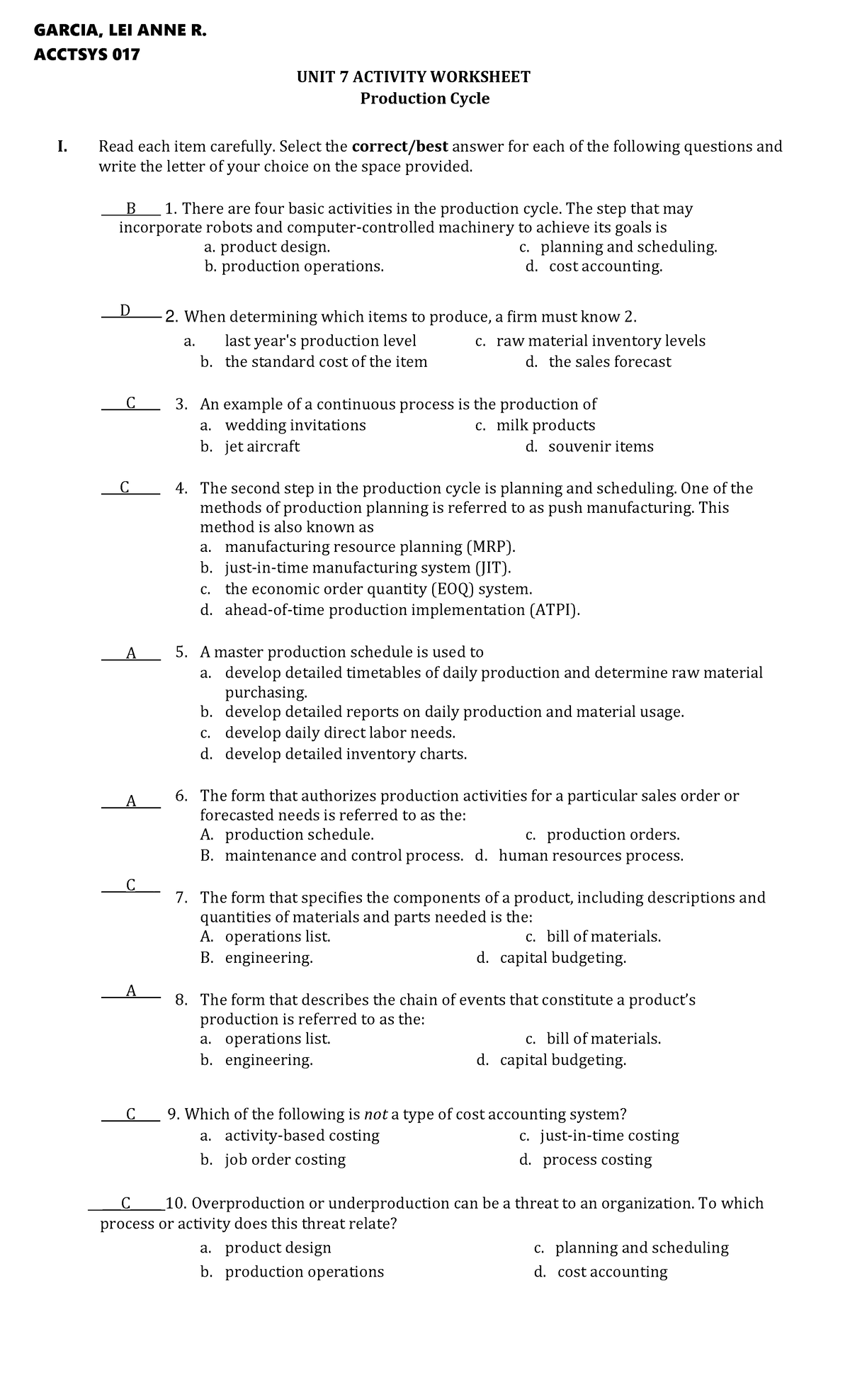 Acctsys Unit 7 Worksheets - GARCIA, LEI ANNE R. ACCTSYS 017 UNIT 7 ...