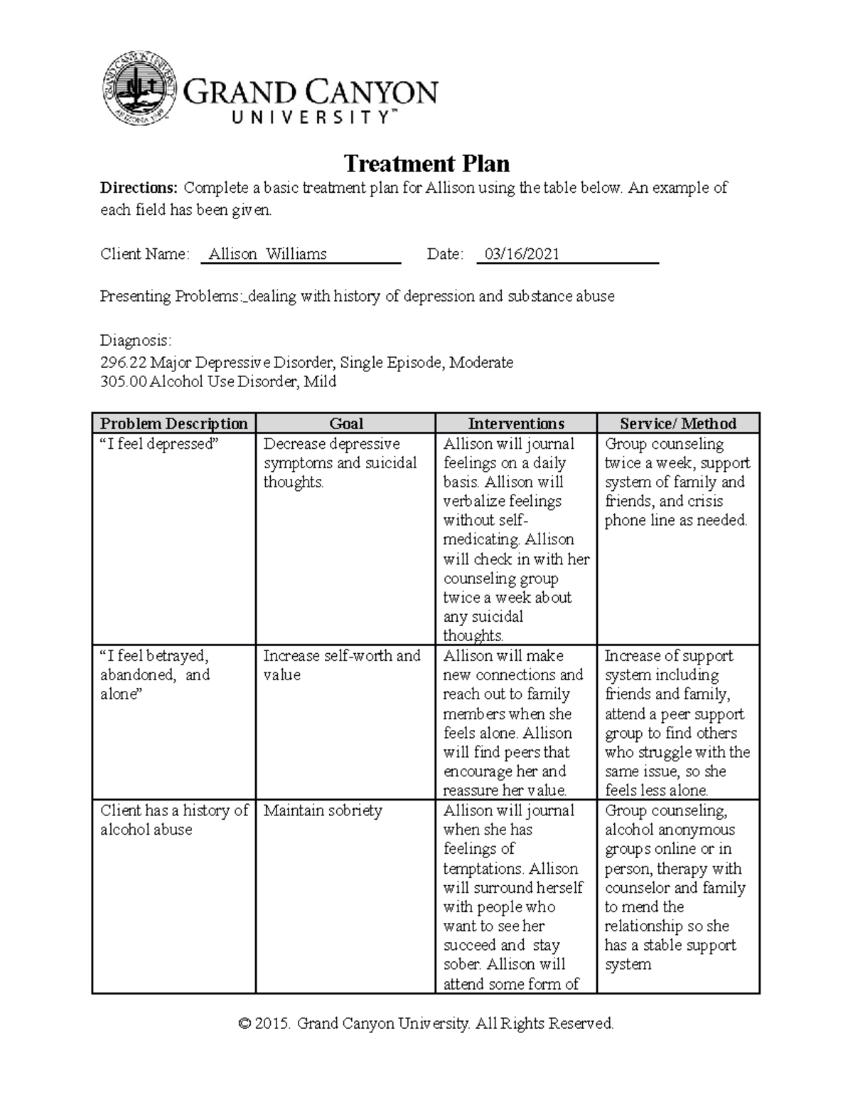 Treatment Plan Assignment For Case Management Treatment Plan