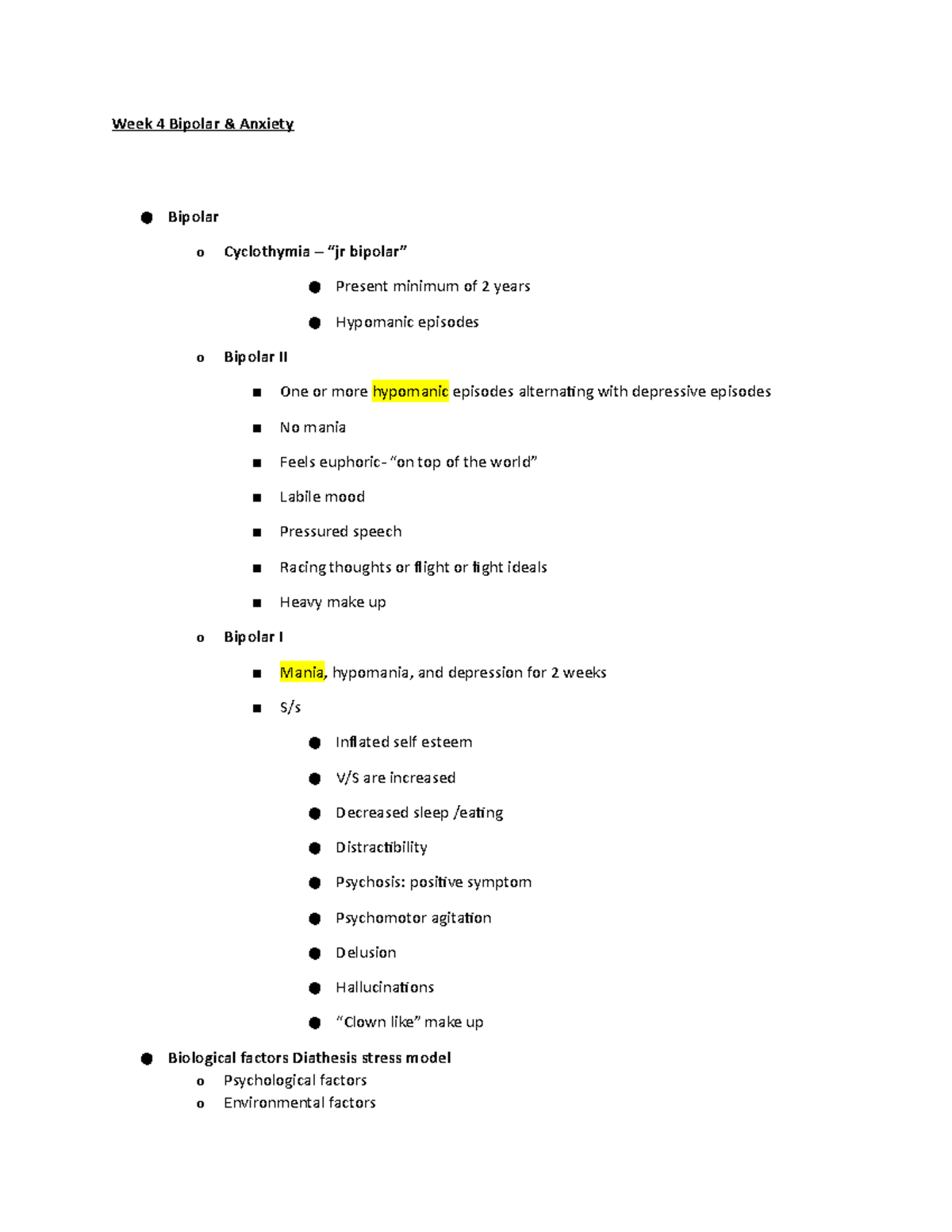 Nurs 222 wk 4 - week 4 notes - Week 4 Bipolar & Anxiety Bipolar o ...