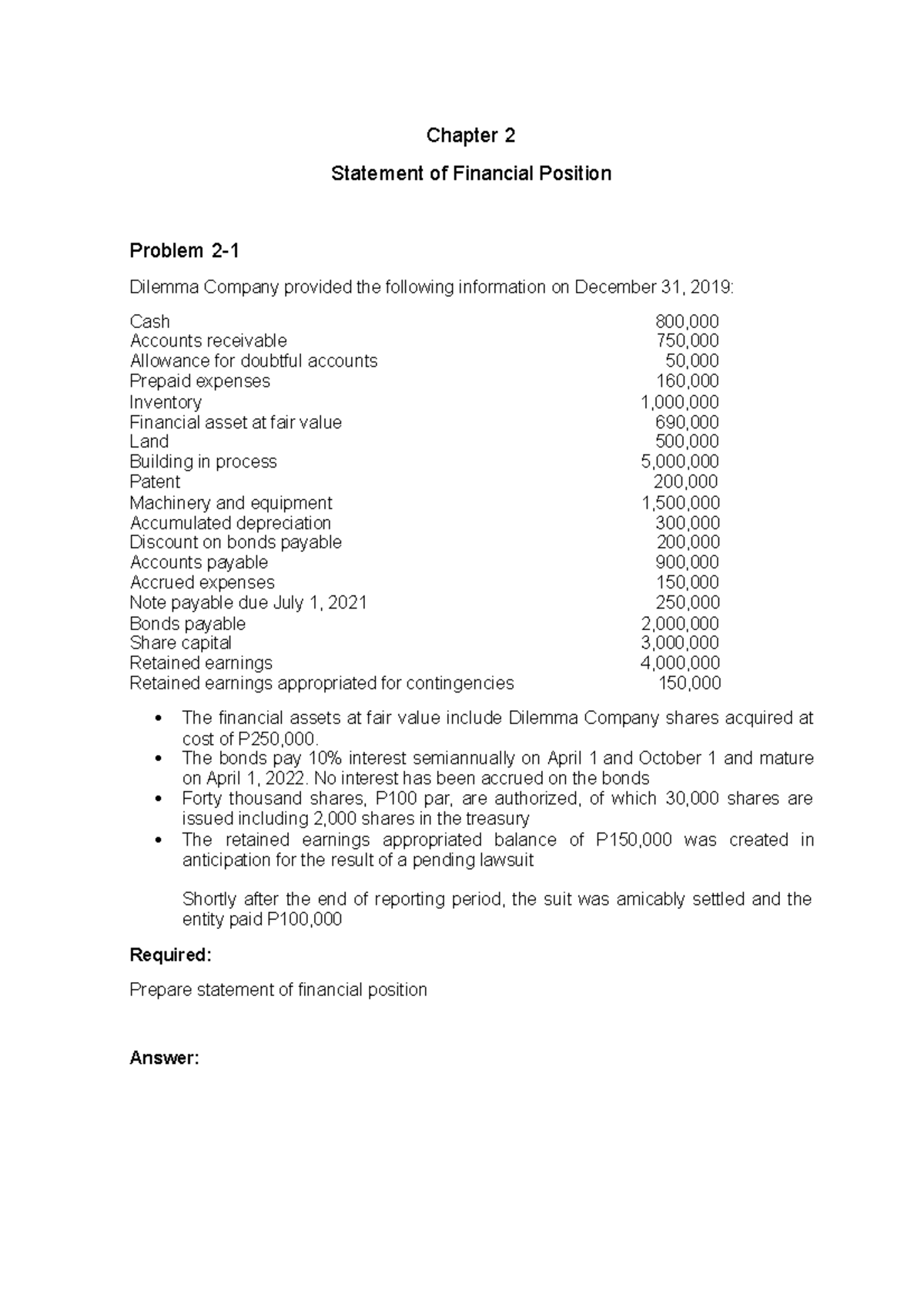 Statement of Financial Position Questions and Asnwers - Chapter 2 ...