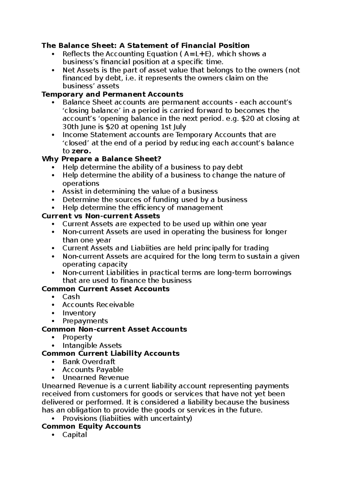 ACCT1101 Notes - The Balance Sheet: A Statement of Financial Position ...