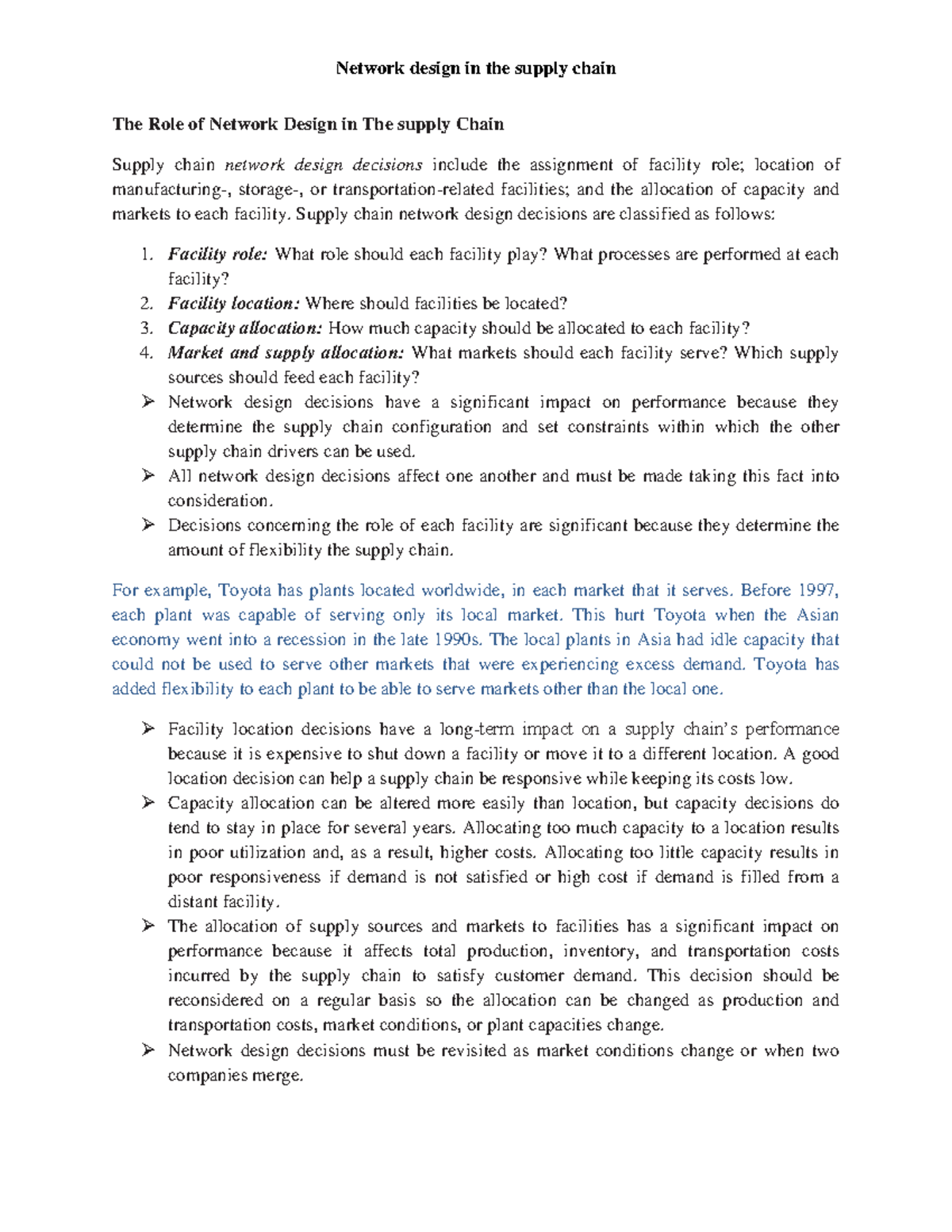 Chapter 5 - The Role of Network Design in The supply Chain Supply chain ...