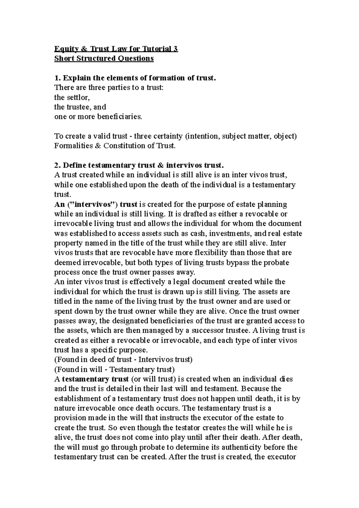 Tutorial 3quity & Trust Law for Tutorial 3 Short Structured Questions ...