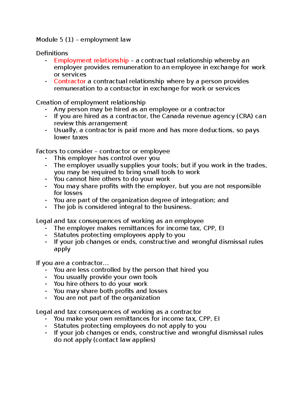 Module 5 (1) - Module 5 (1) – employment law Definitions - Employment ...
