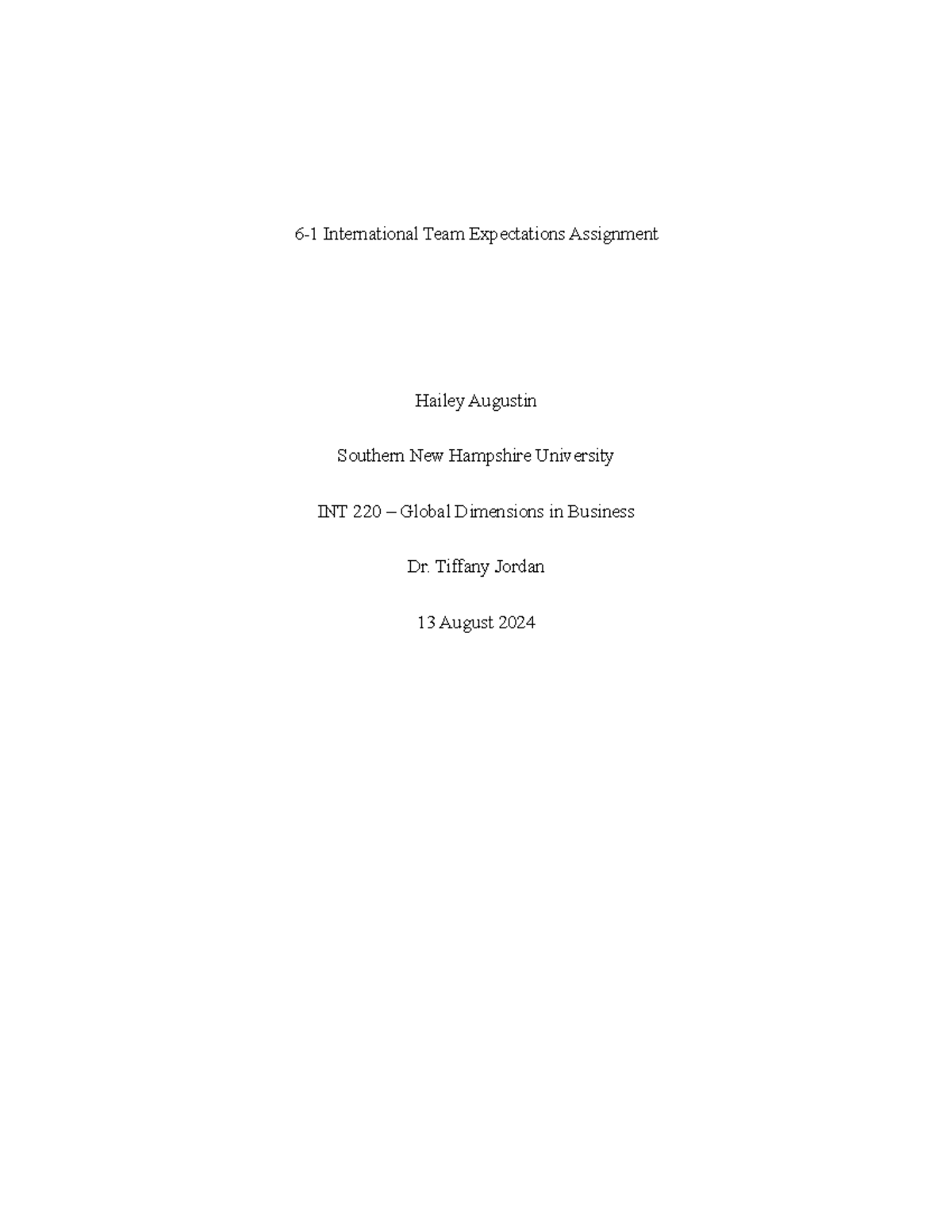 INT 220 6-1 email - 6-1 International Team Expectations Assignment ...