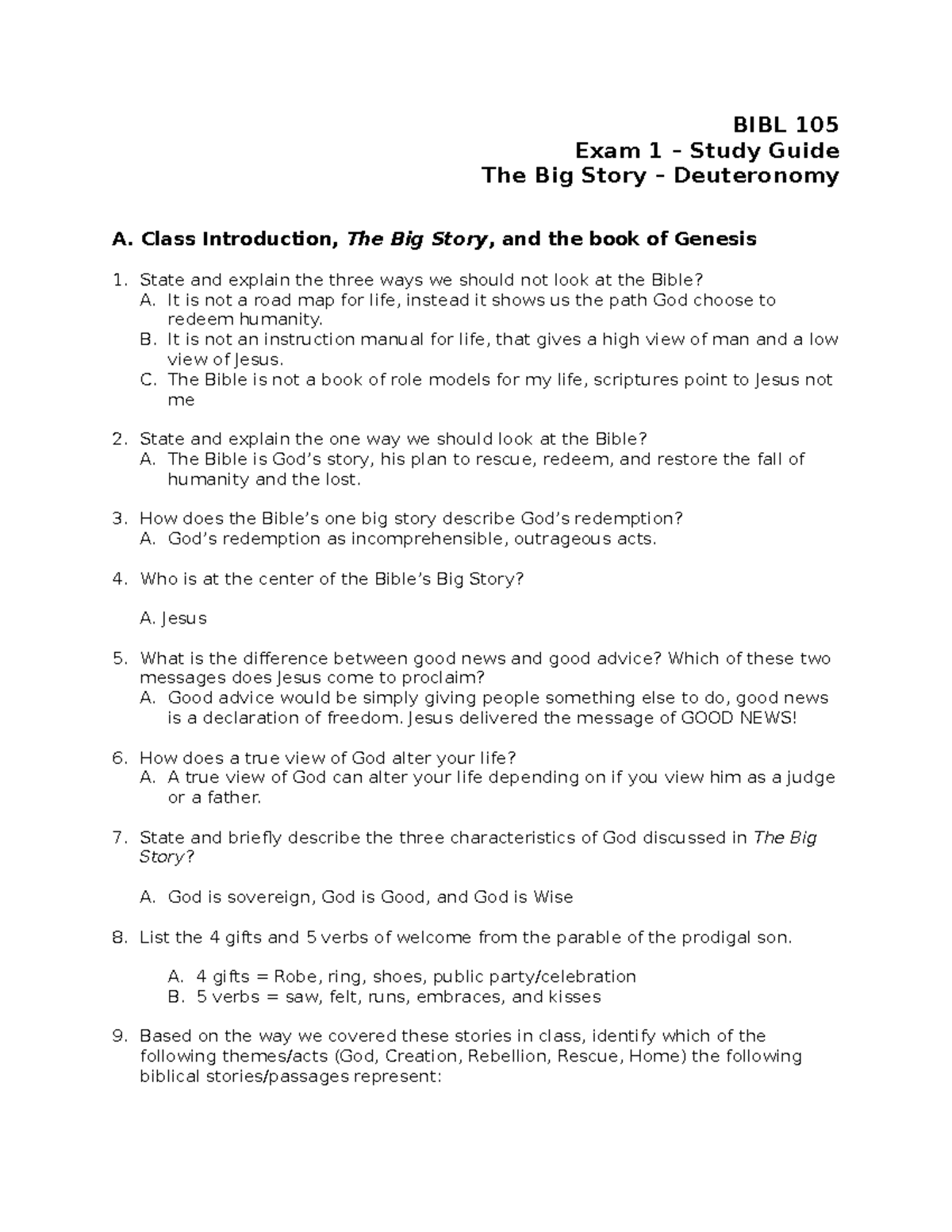 BIBL 105 Exam 1 Study Guide - BIBL 105 Exam 1 – Study Guide The Big ...