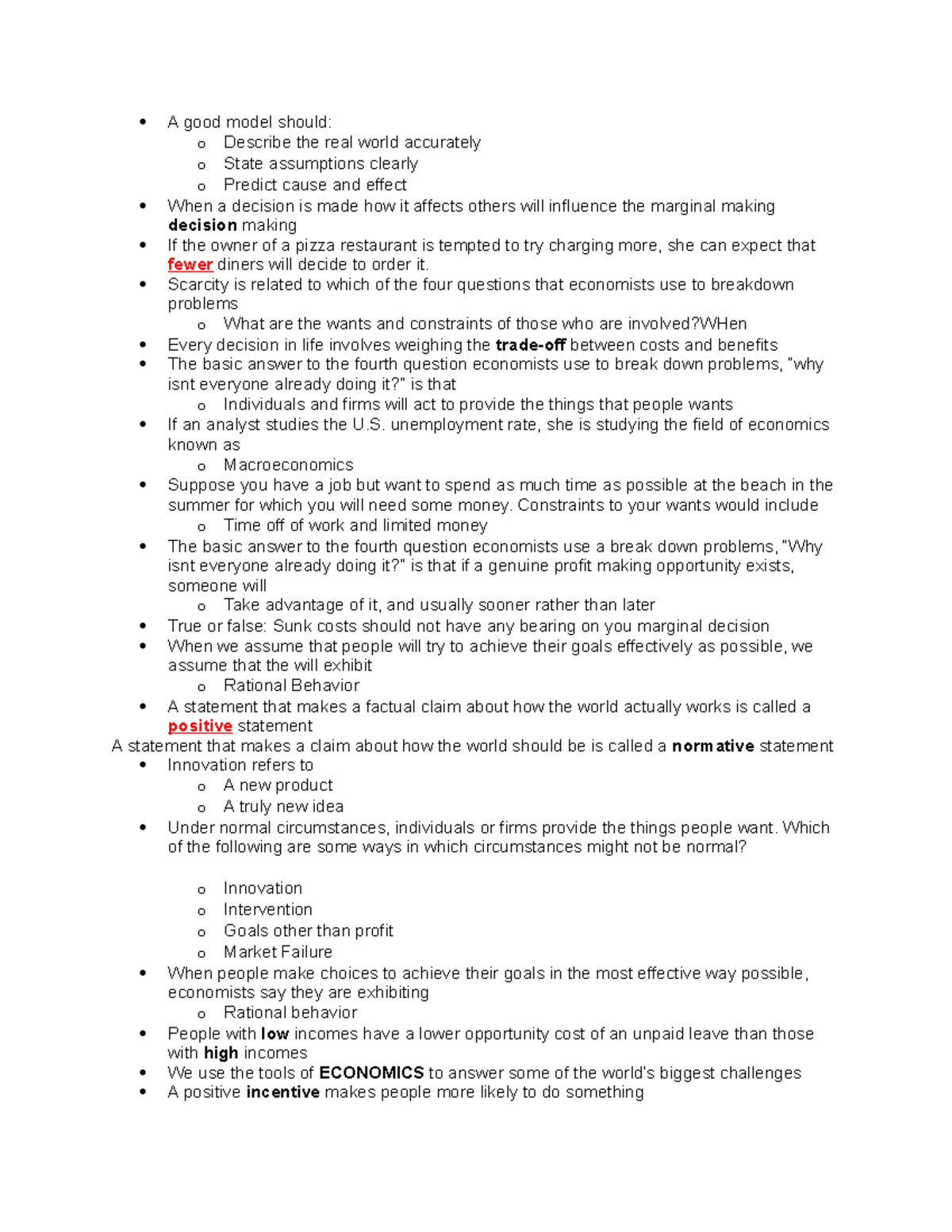 Econ homework assignment and notes - A good model should: o Describe ...