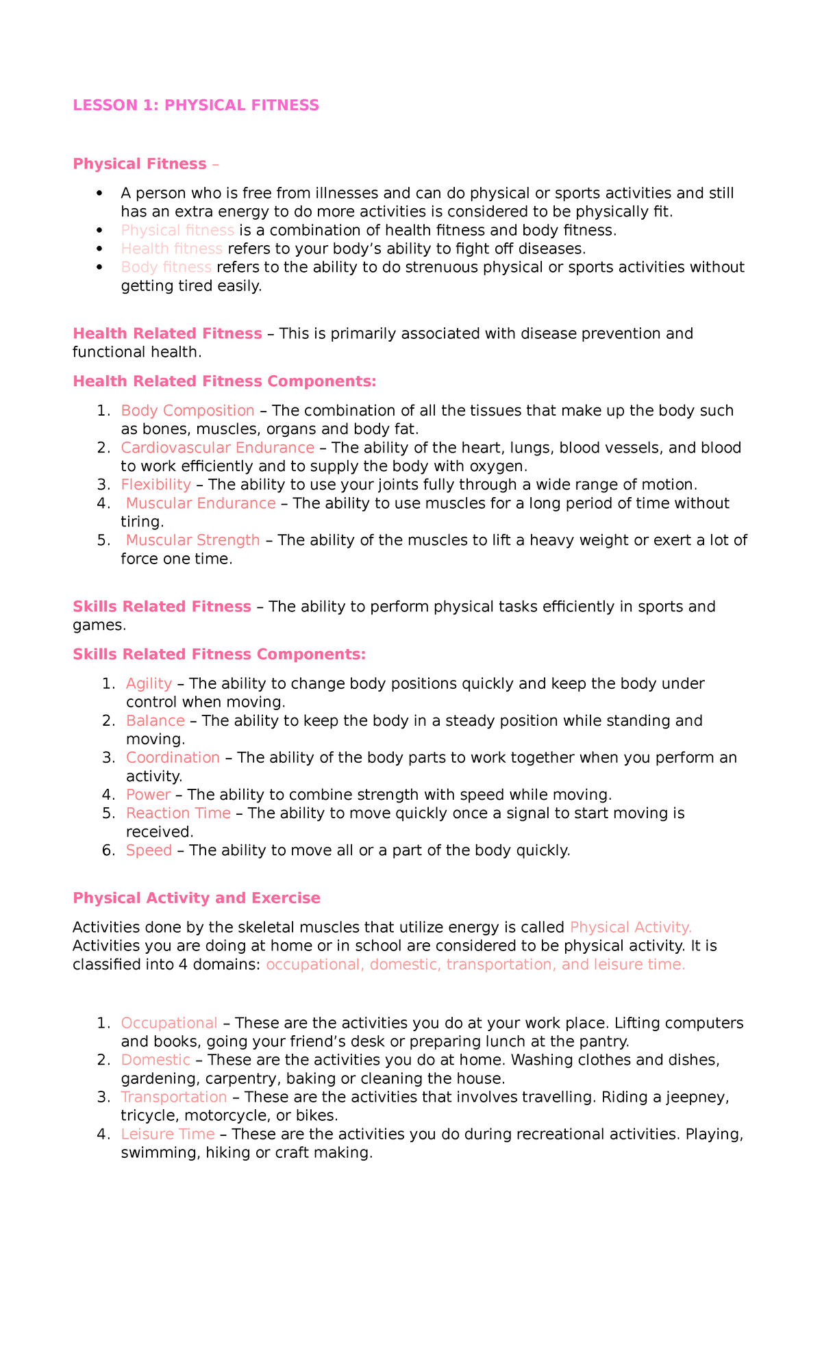 P - pe and health - LESSON 1: PHYSICAL FITNESS Physical Fitness – A ...