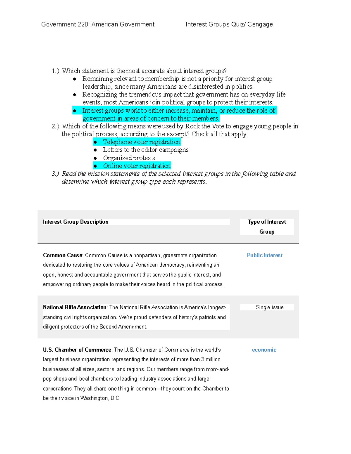 Govt 220-interest groups quiz - Government 220: American Government ...