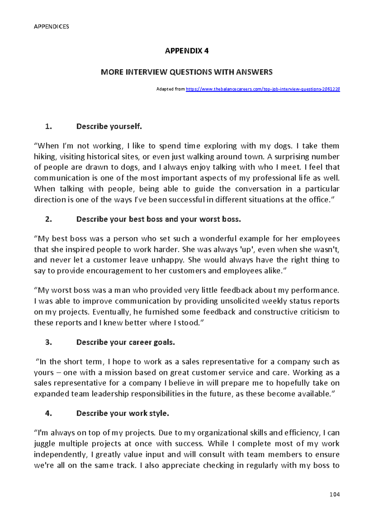 Booklet N3 Appendix MORE Interview Questions p104 108 - APPENDIX 4 MORE INTERVIEW QUESTIONS WITH ...