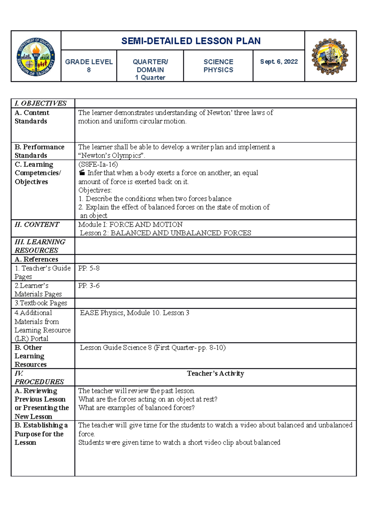 Science 8 week 3 LP5 - GRADE LEVEL 8 QUARTER/ DOMAIN 1 Quarter SCIENCE ...