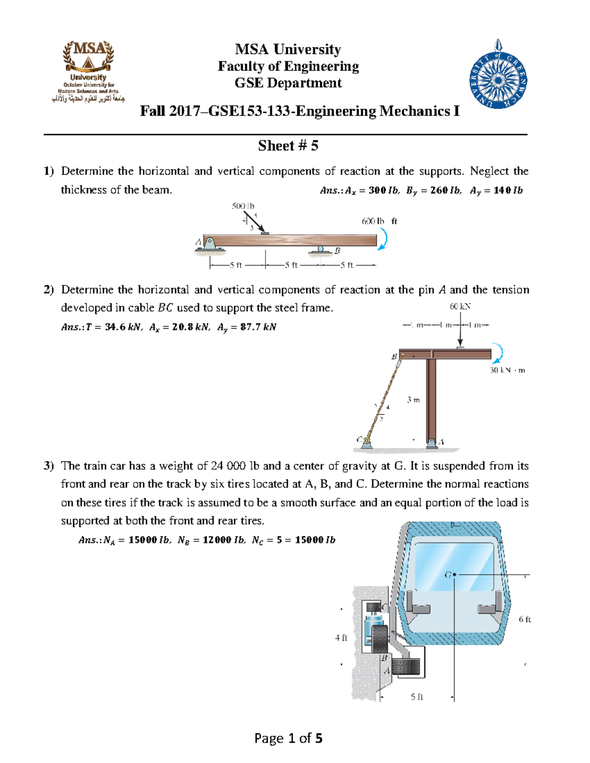 Mechanics - sheet 5 - Fall 2017 - Faculty of Engineering GSE Department ...