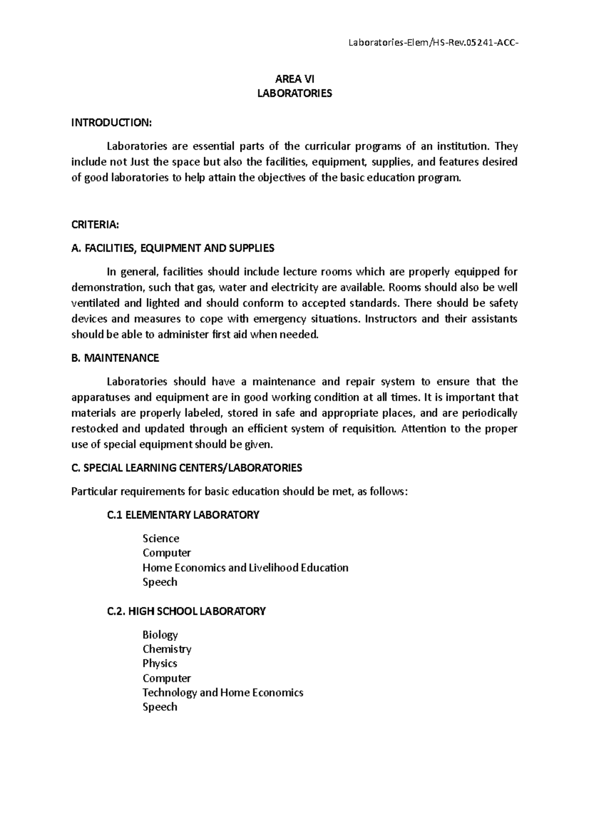 AREA VI-Laboratories Elem - AREA VI LABORATORIES INTRODUCTION ...