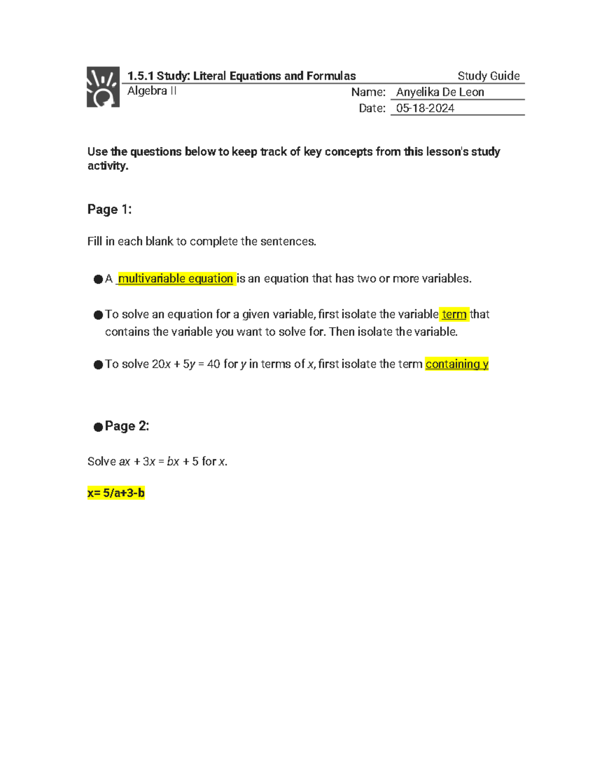 1.5.1 Study - Literal Equations and Formulas (Study guide) - 1.5 Study ...