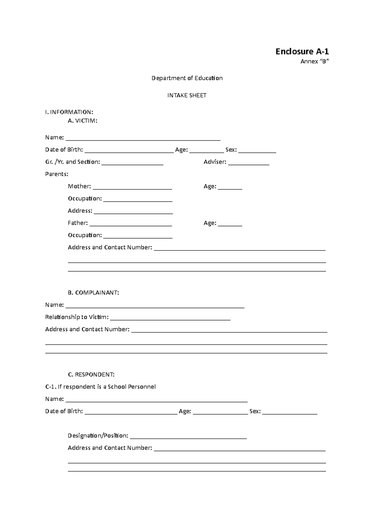 Intake sheet - lecture - Enclosure A- Annex “B” Department of Education ...