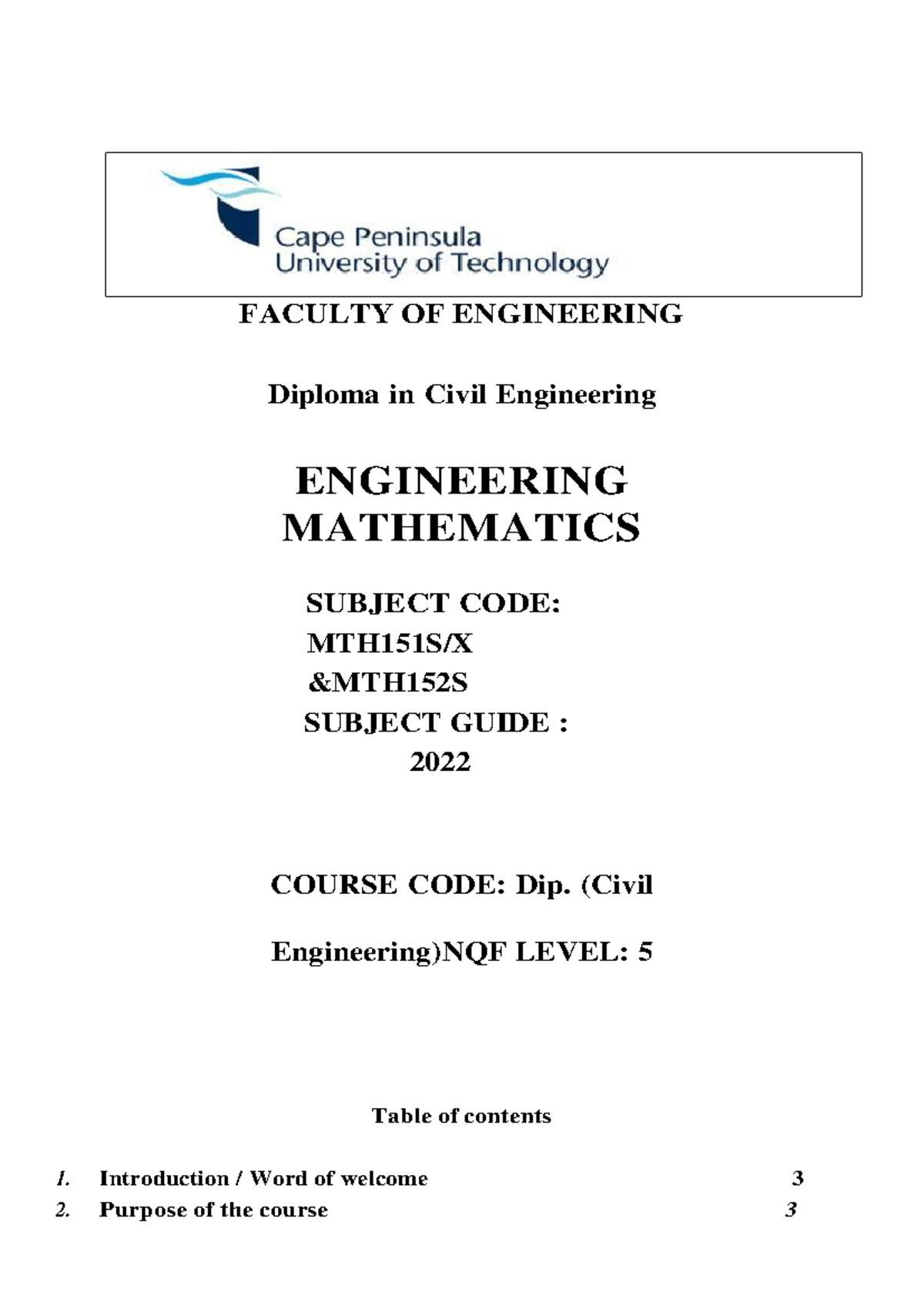 Civil Diploma Civil MTH151S Engineering Mathematics Subject Guide ...