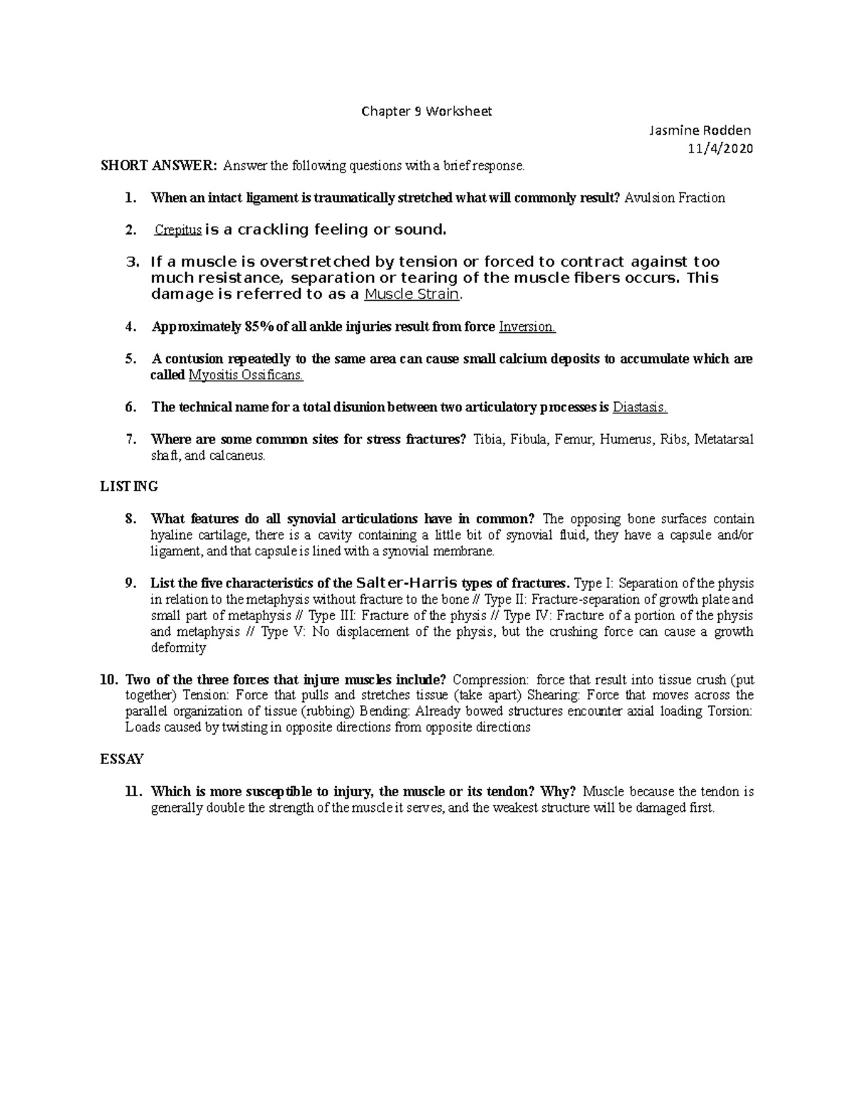 Chapter 9 Worksheet - Chapter 9 Worksheet Jasmine Rodden 11/4/ SHORT ...