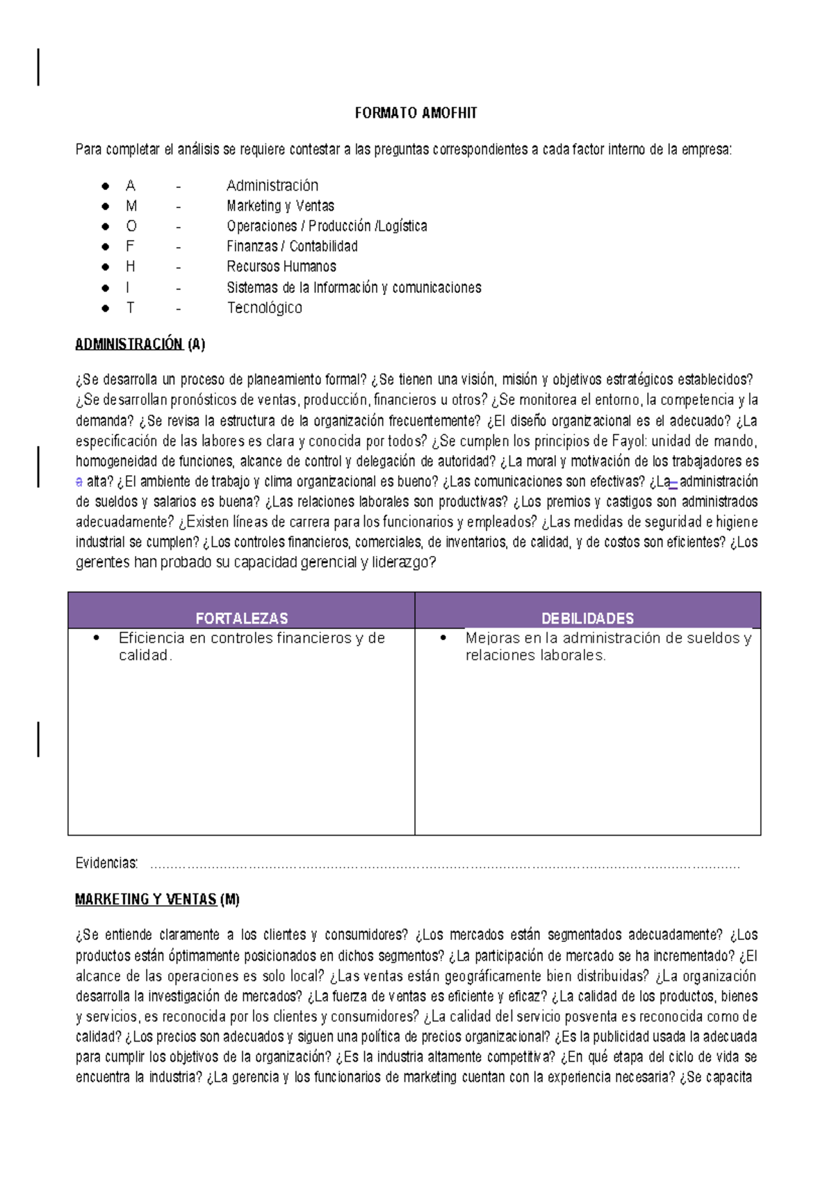 Opción Formato Amofhit - FORMATO AMOFHIT Para completar el análisis se ...