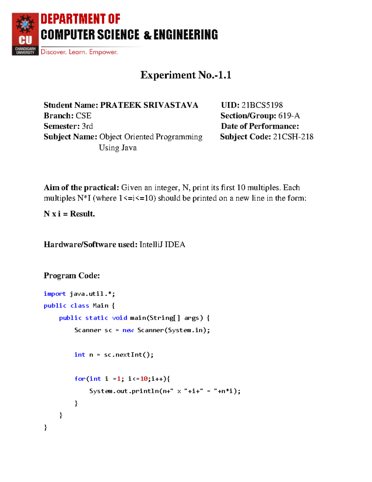 21BCS5198 Prateek Srivastava JAVA 1 - DEPARTMENT OF COMPUTER SCIENCE & ENGINEERING Experiment ...